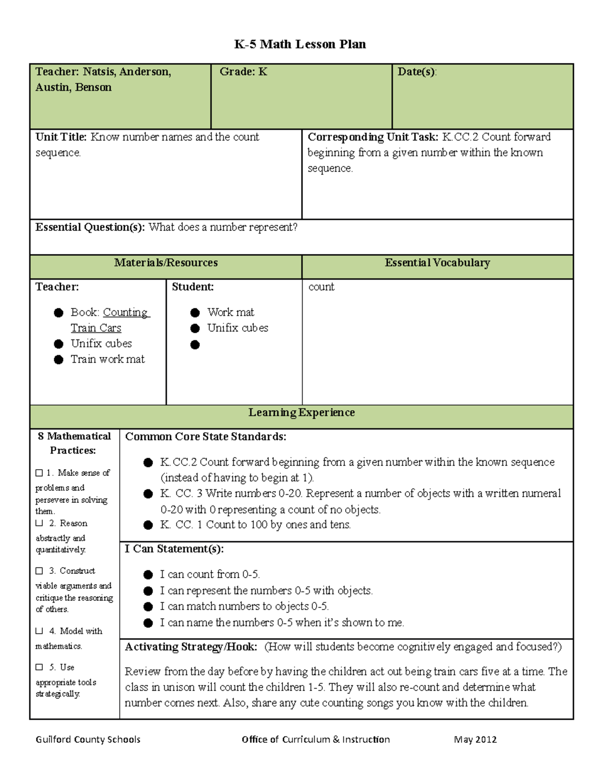 Unit 1(Train Cars) Lesson Plan #4 - K-5 Math Lesson Plan Teacher ...