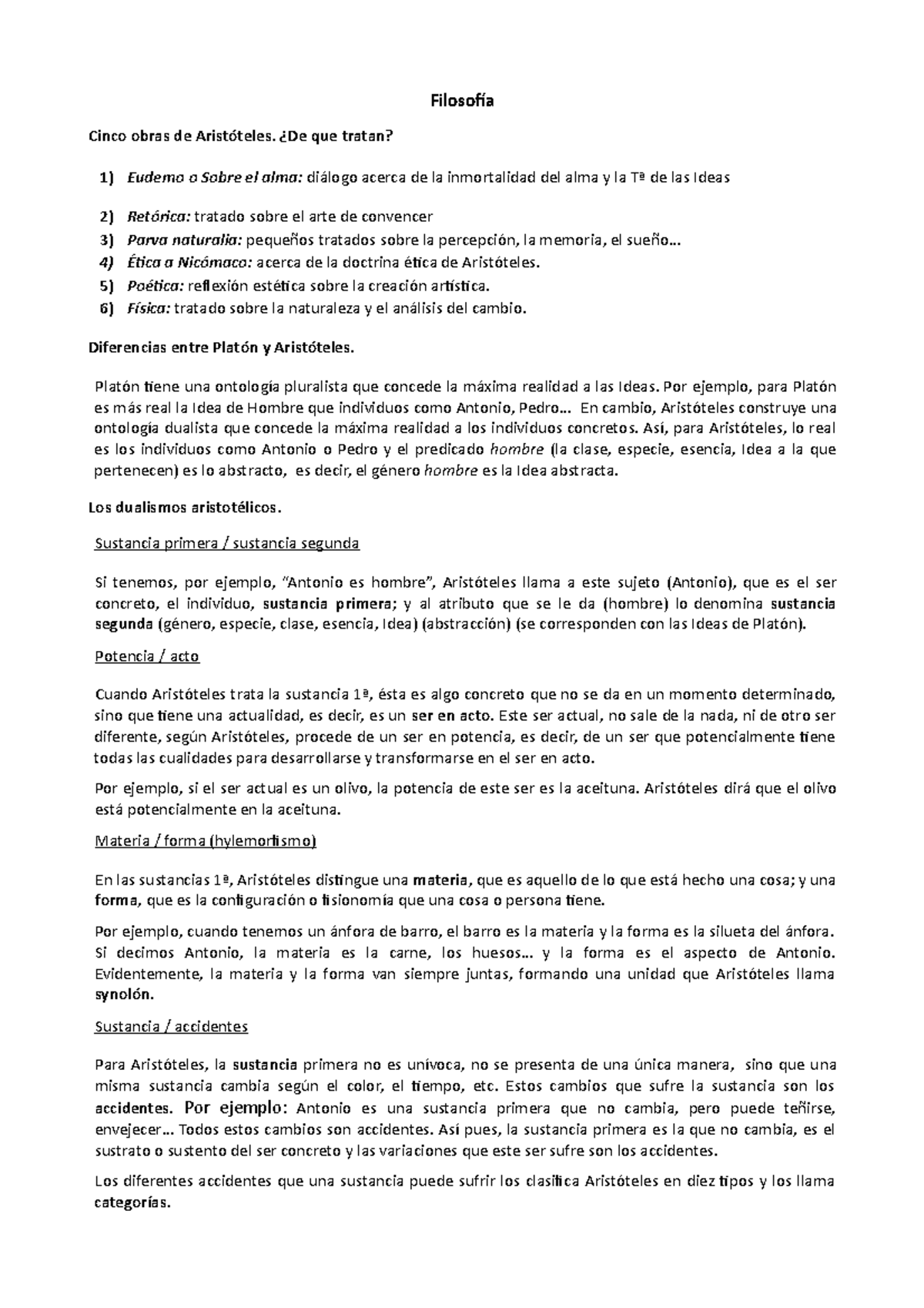 2ª Evaluación - Filosofía Cinco obras de Aristóteles. ¿De que tratan ...