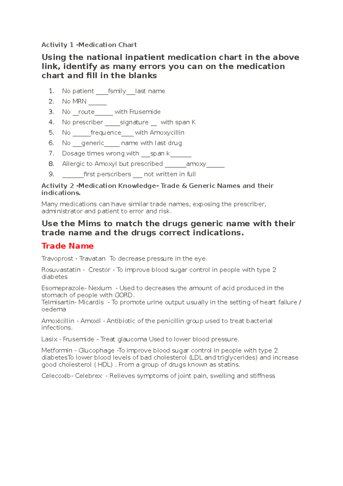 Week 9 classroom follow up - Activity 1 -Medication Chart Using the ...