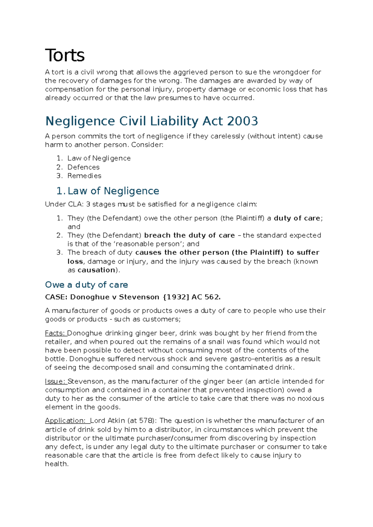 LAWS1100 Notes - Tort Law Negligence - Torts A tort is a civil wrong ...