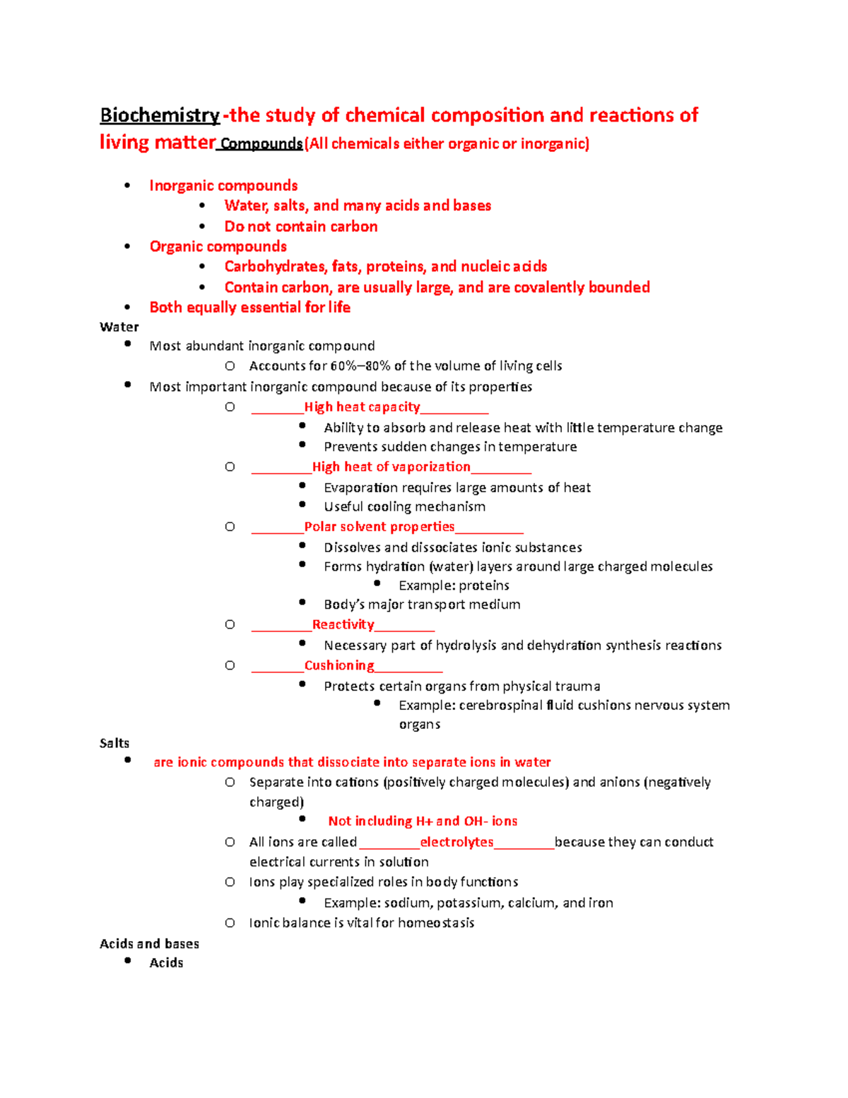 Biochemistry - Lecture notes 1 - Biochemistry -the study of chemical ...