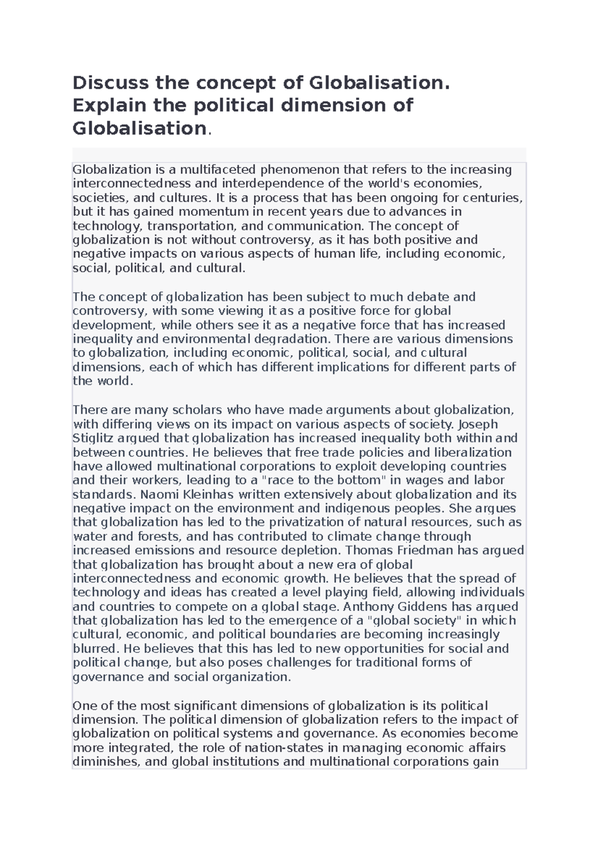 Concept of Globalisation - Explain the political dimension of ...