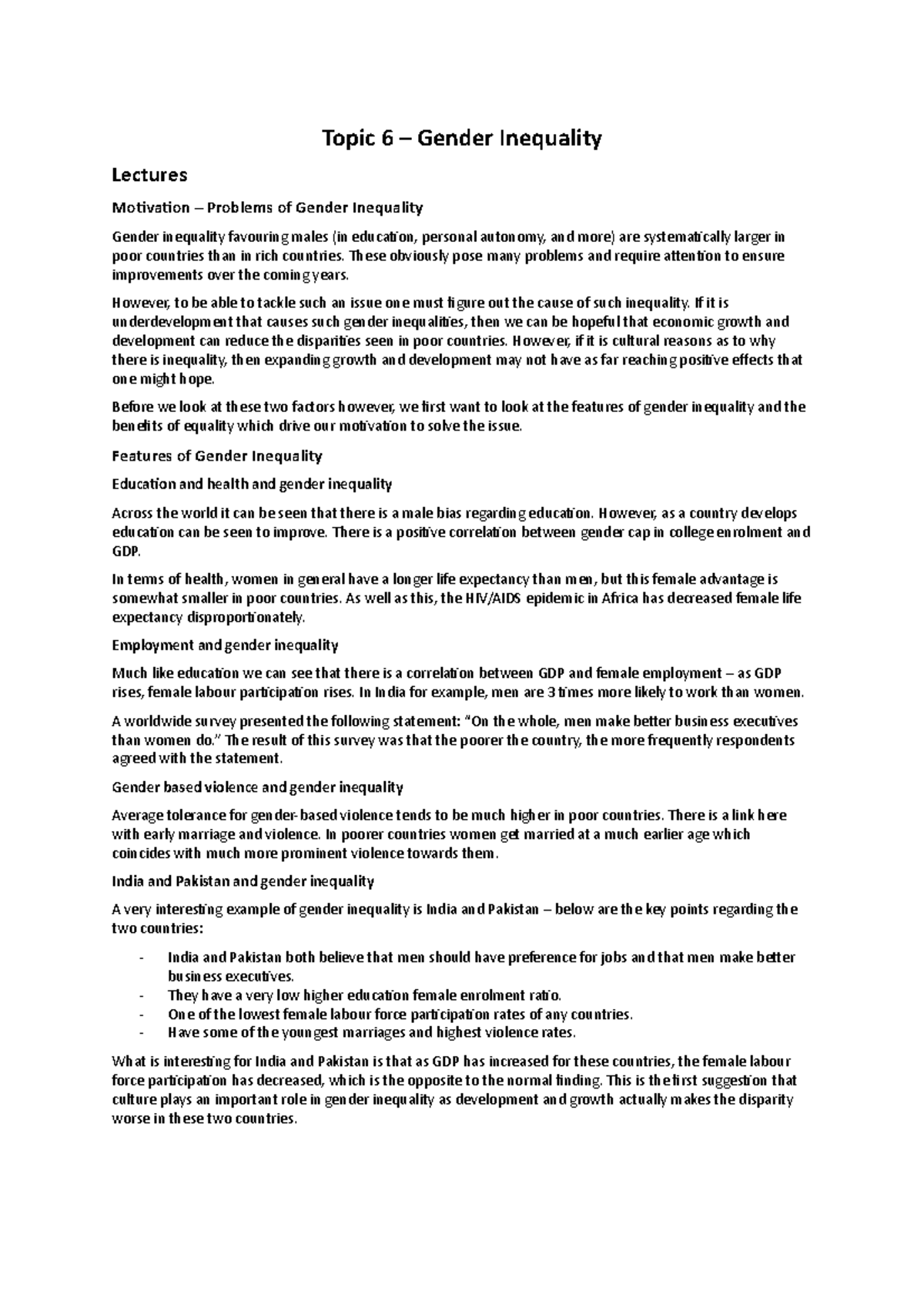 Topic 6 Gender Inequality - Topic 6 – Gender Inequality Lectures ...