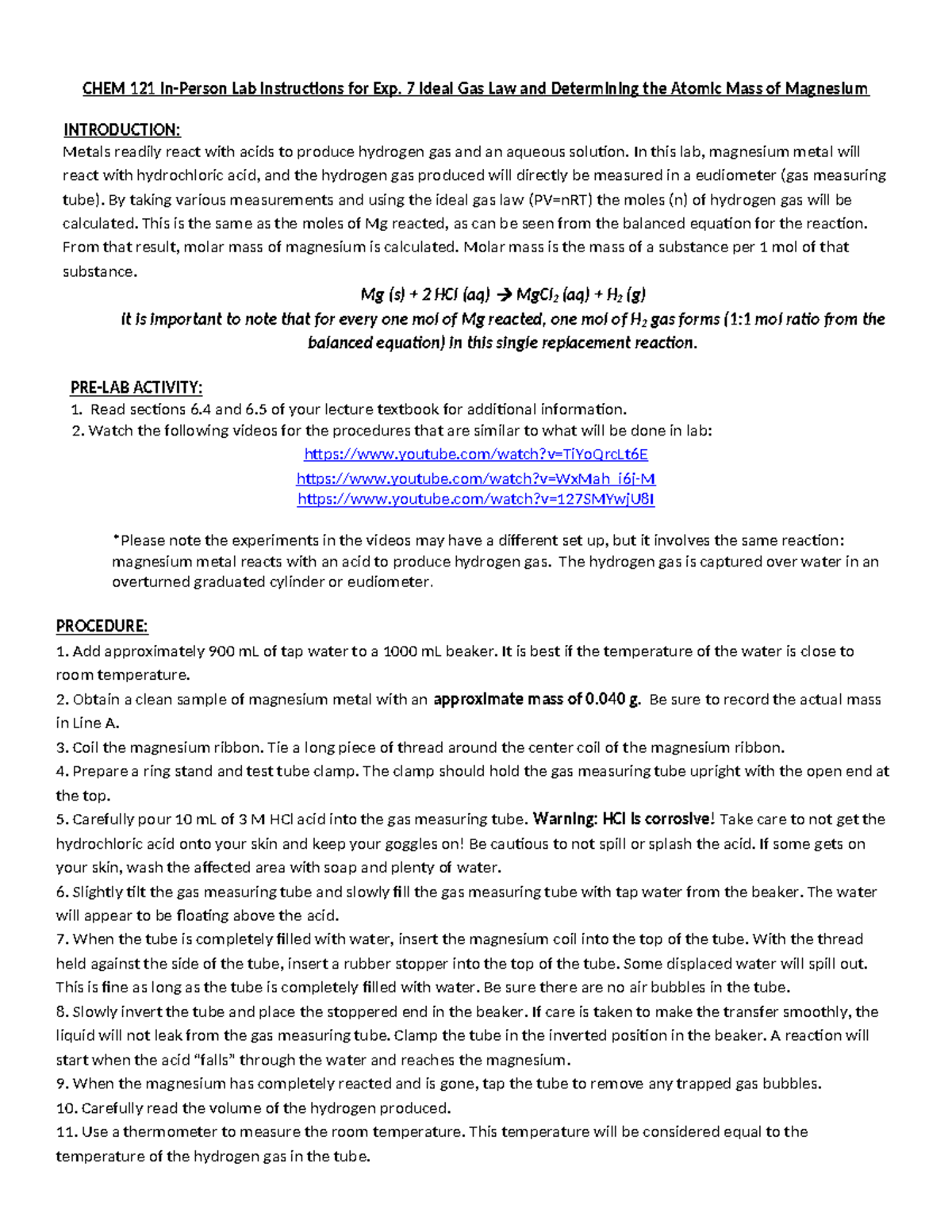 EXP#7, Determining the Atomic Mass of Magnesium - CHEM 121 In-Person ...