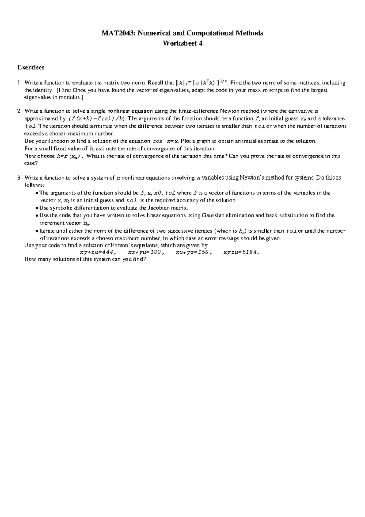 MAT2043 2010 Lab Worksheet 4 MAT2043 Numerical And Computational