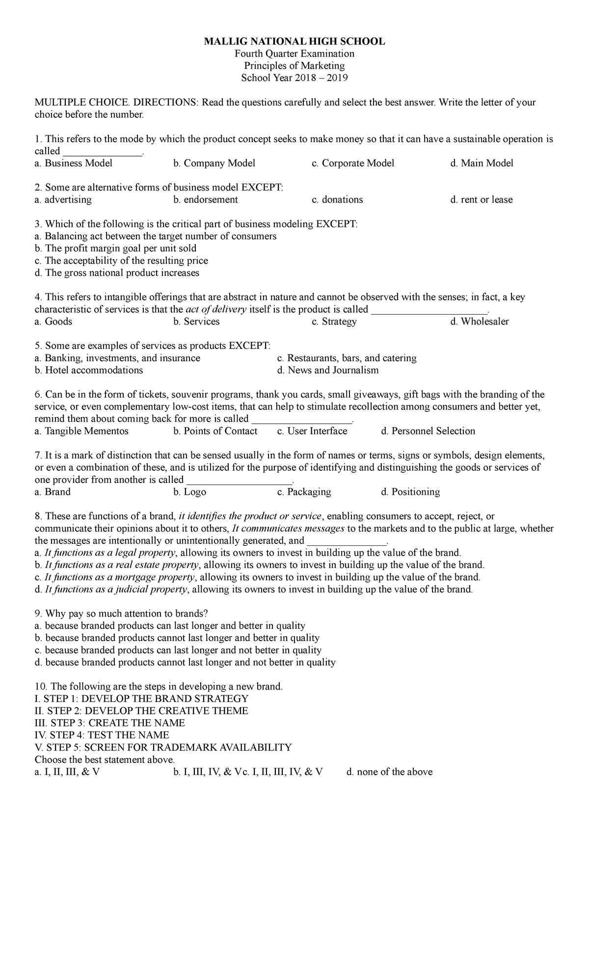 2nd quarter PRIN. OF Marketing-EXAM - with answer key - MALLIG NATIONAL ...