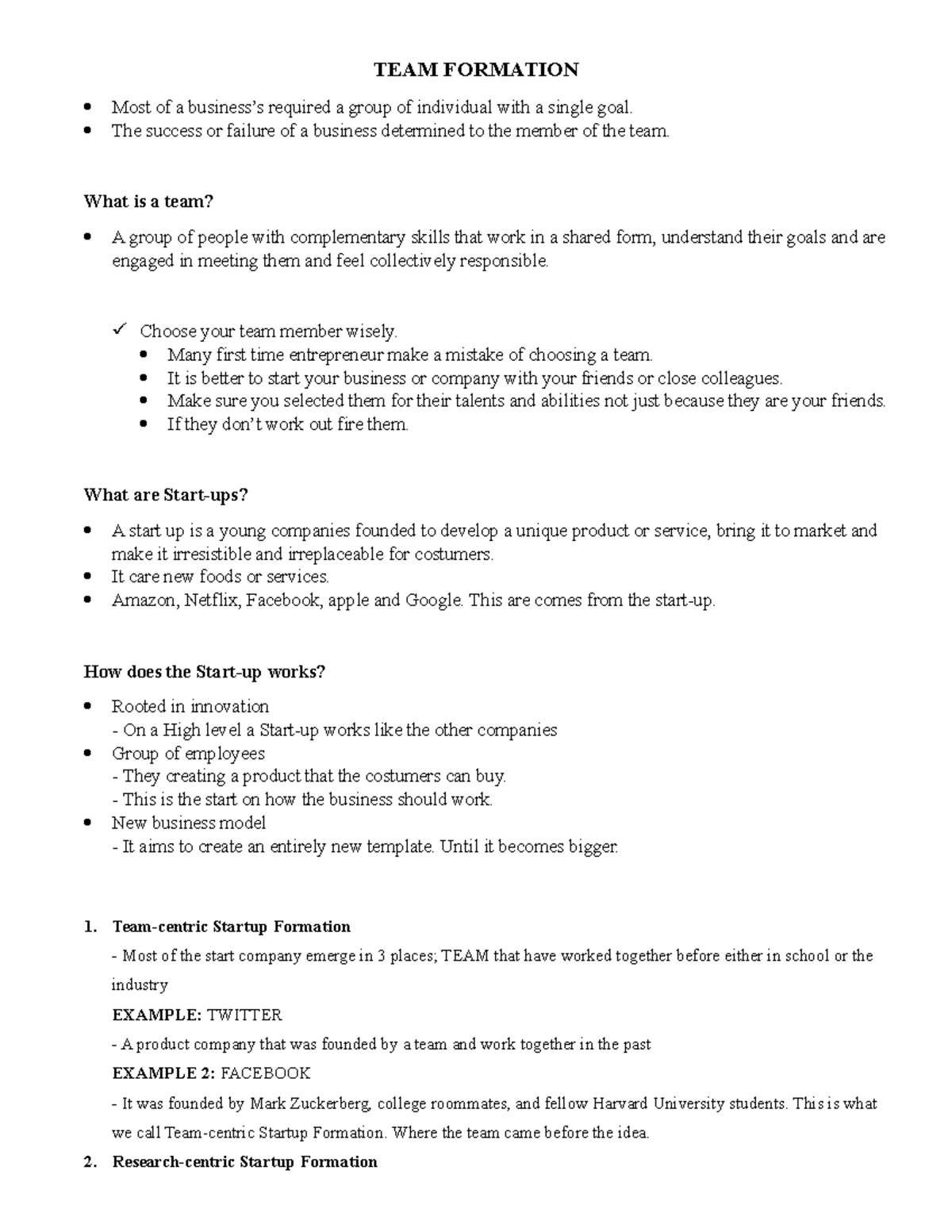 TEAM- Formation-takenote - TEAM FORMATION Most of a business’s required ...