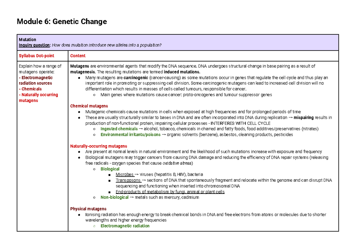 Module 6- genetic Change notes of the HSC - Module 6: Genetic Change ...