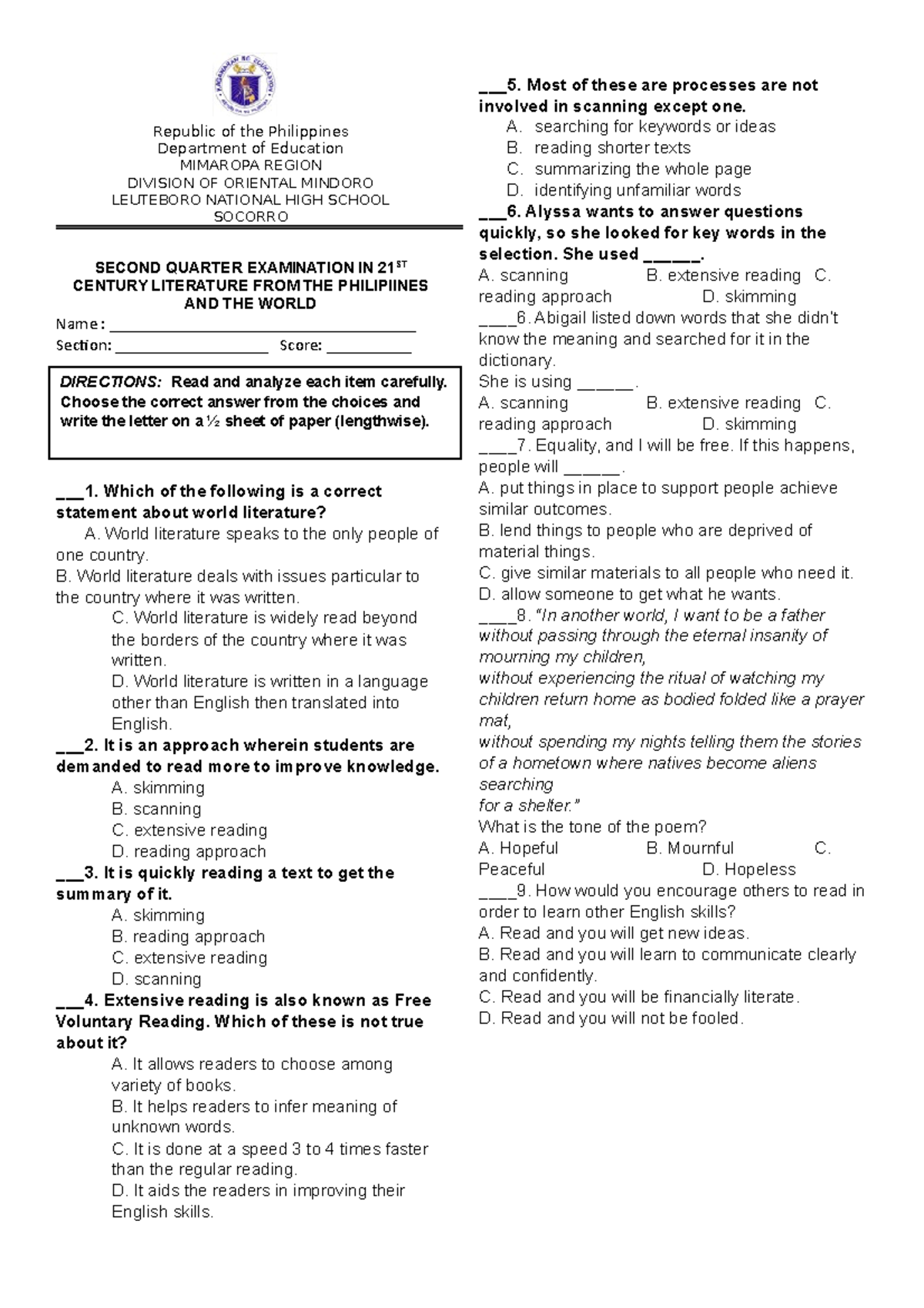2nd Quarter Exam 21st Century - Republic of the Philippines Department ...