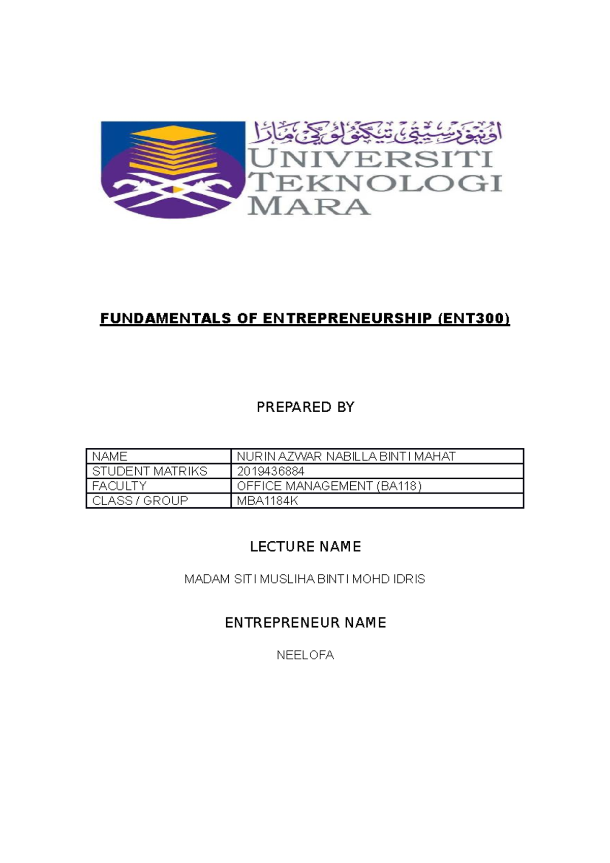 CASE Study Individual (ENT300) - FUNDAMENTALS OF ENTREPRENEURSHIP ...