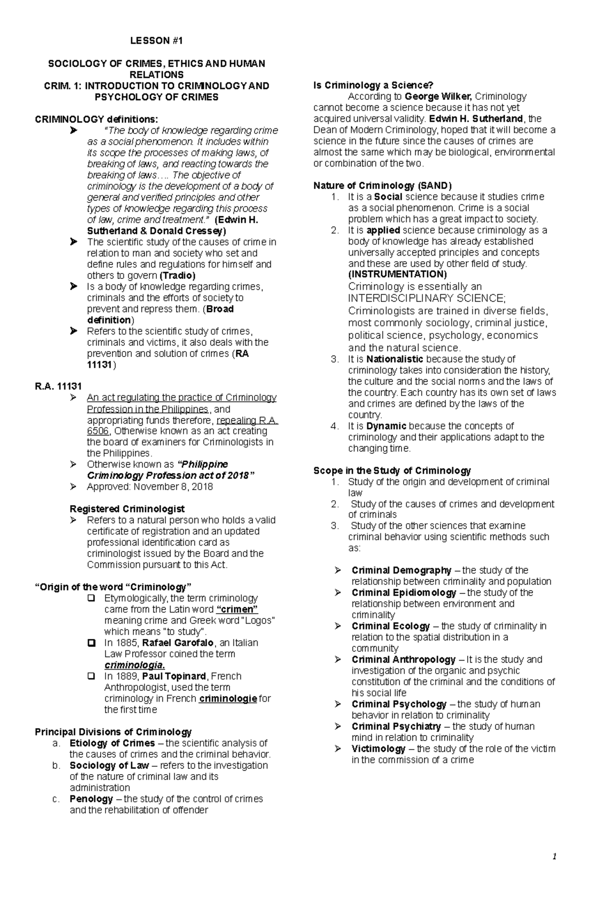 Intro TO CRIM, Notes Lesson 1 TO 5 - LESSON SOCIOLOGY OF CRIMES, ETHICS ...