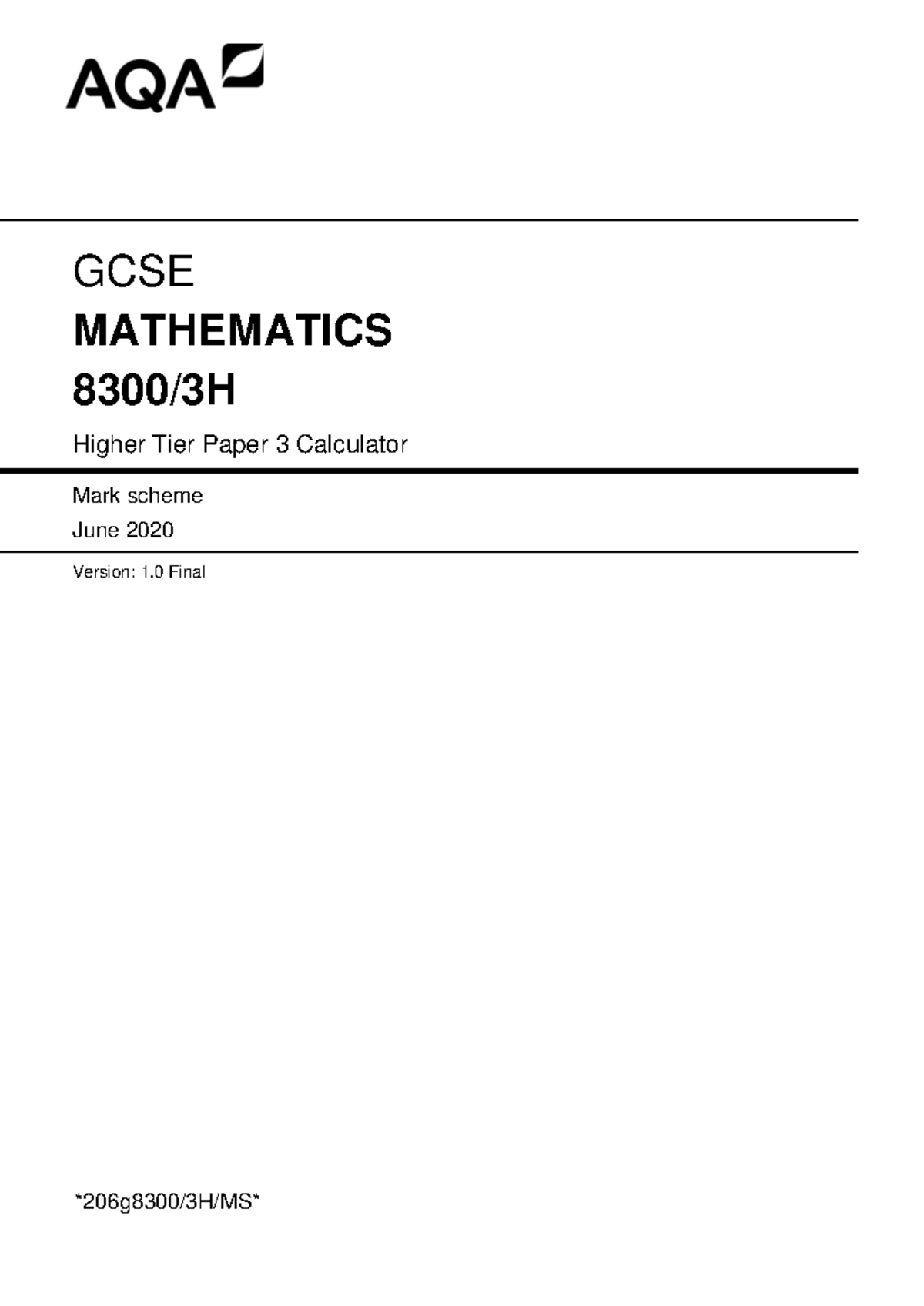 AQA GCSE NOV2020 Maths Paper 3H MS - GCSE MATHEMATICS 8300/3H Higher ...