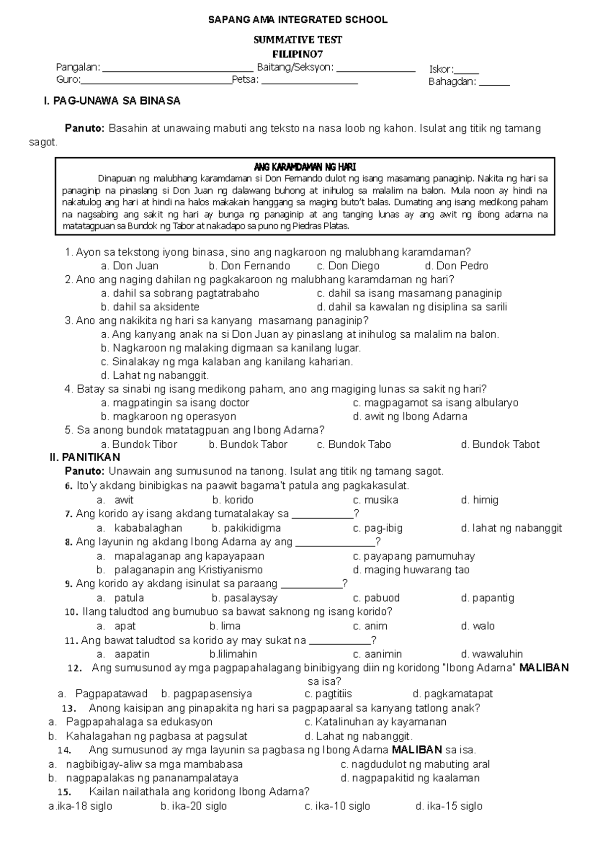 Filipino 7 EXAM - exam - SAPANG AMA INTEGRATED SCHOOL SUMMATIVE TEST ...