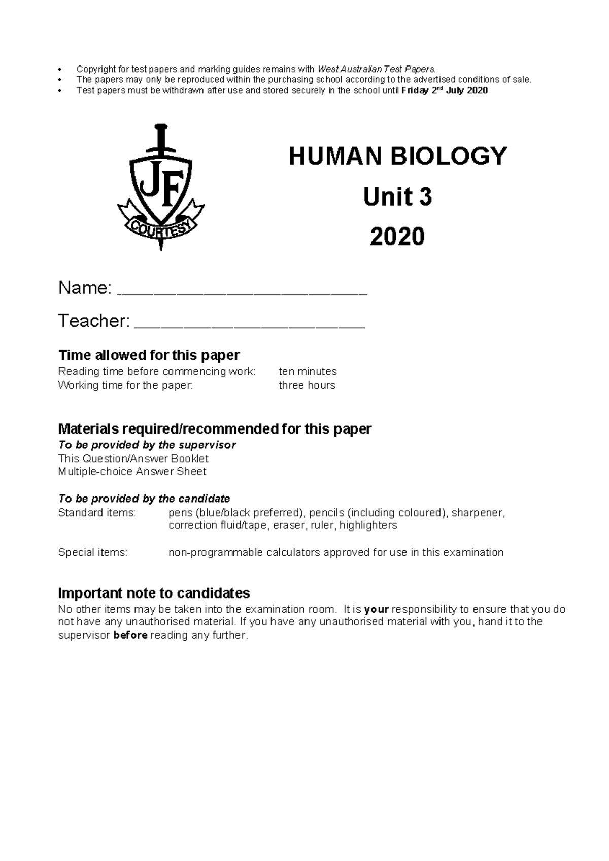 2020 hum biol unit 3 - Copyright for test papers and marking guides ...
