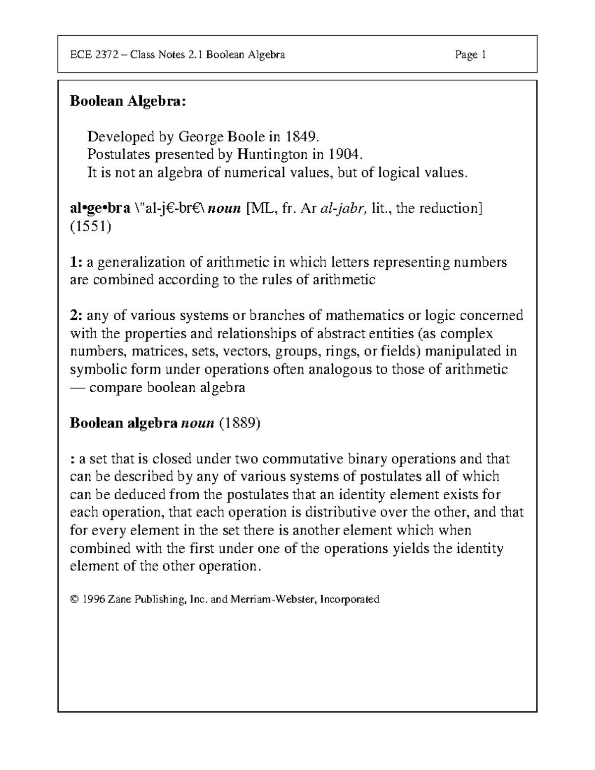 Ece 2372 Class Notes Boolean Algebra Boolean Algebra Developed By George Boole In 1849