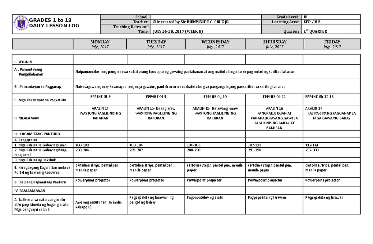 Grade 4 DLL EPP-HE 4 Q1 Week 8 - GRADES 1 to 12 DAILY LESSON LOG School ...