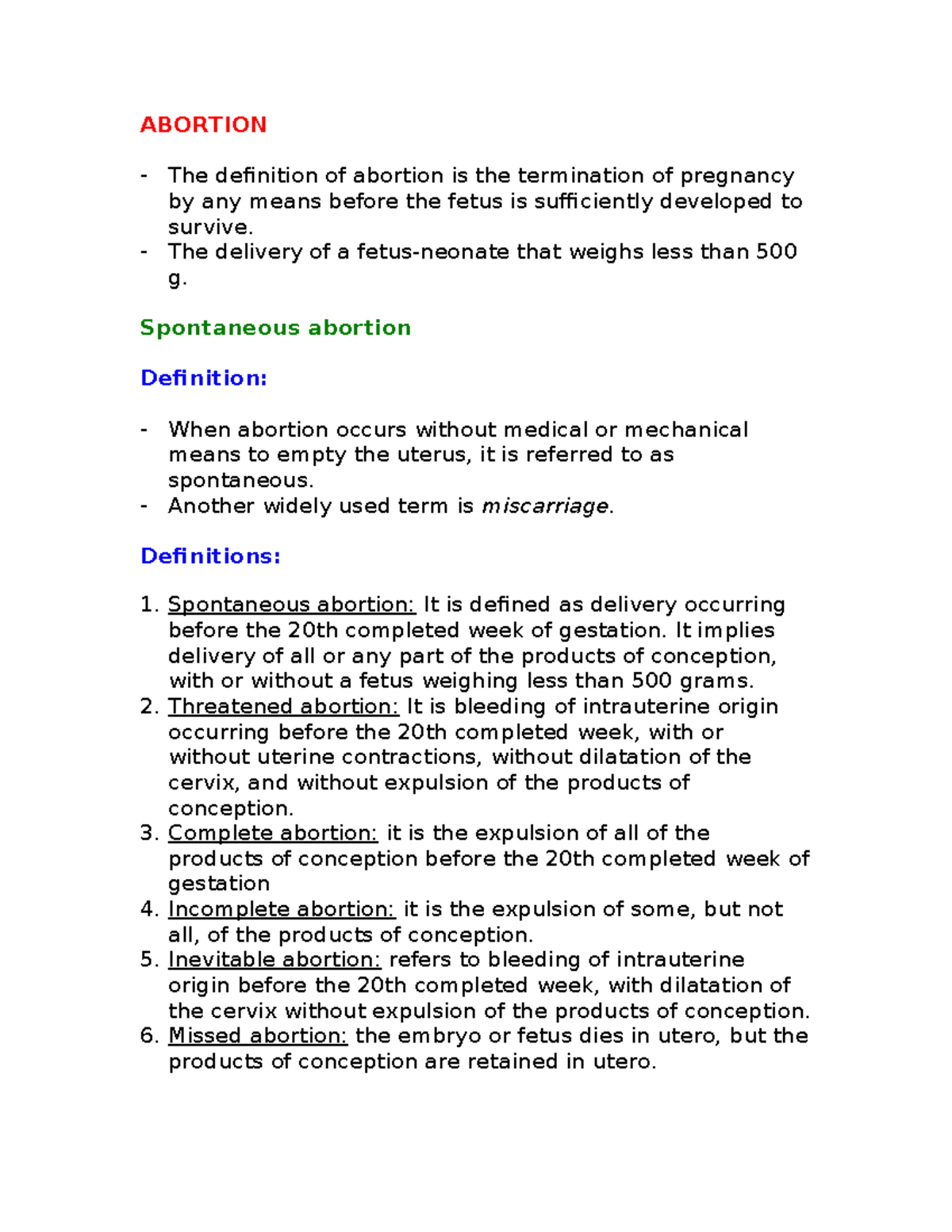 Abortion - RH-OBS/GYN - ABORTION The definition of abortion is the ...