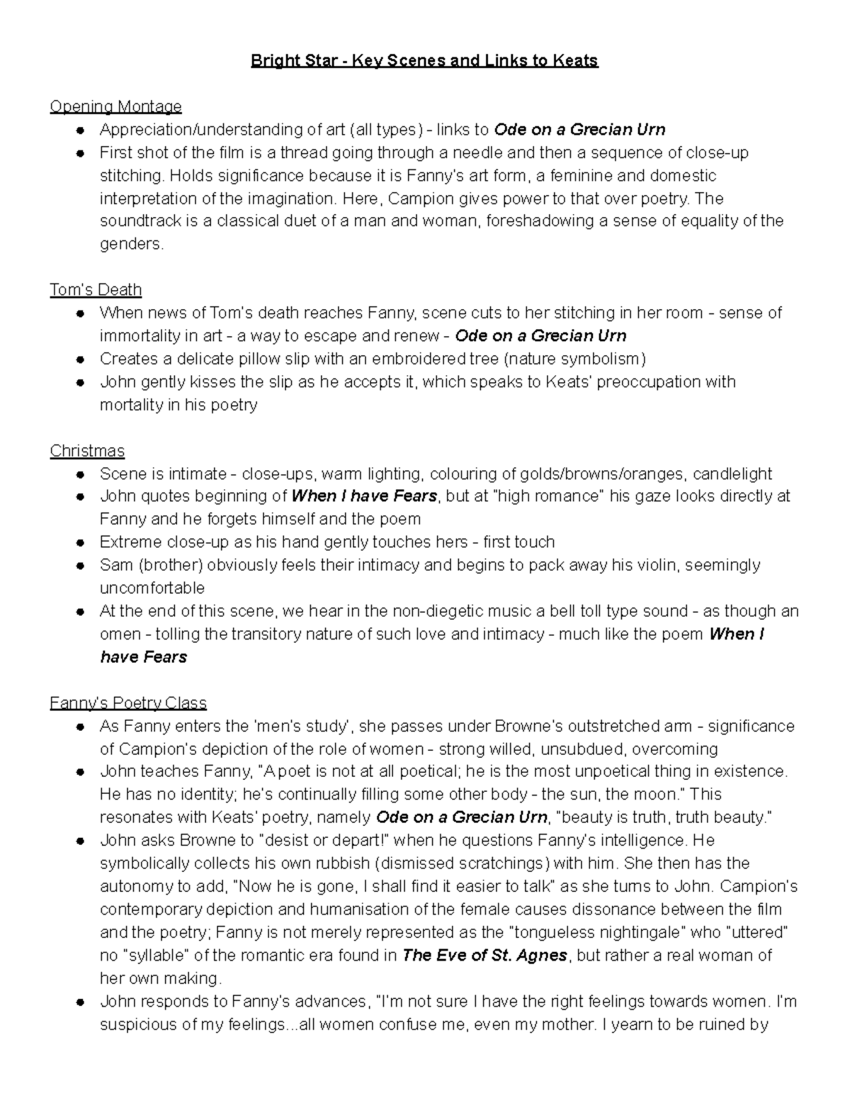 Bright Star (movie) - Key Scenes and Links to Keats - english advanced ...