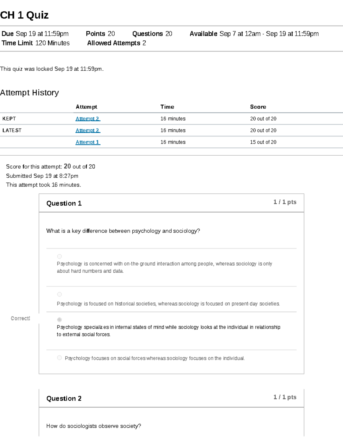 CH 1 Quiz Introduction to Sociology - CH 1 Quiz Due Sep 19 at 11:59pm ...