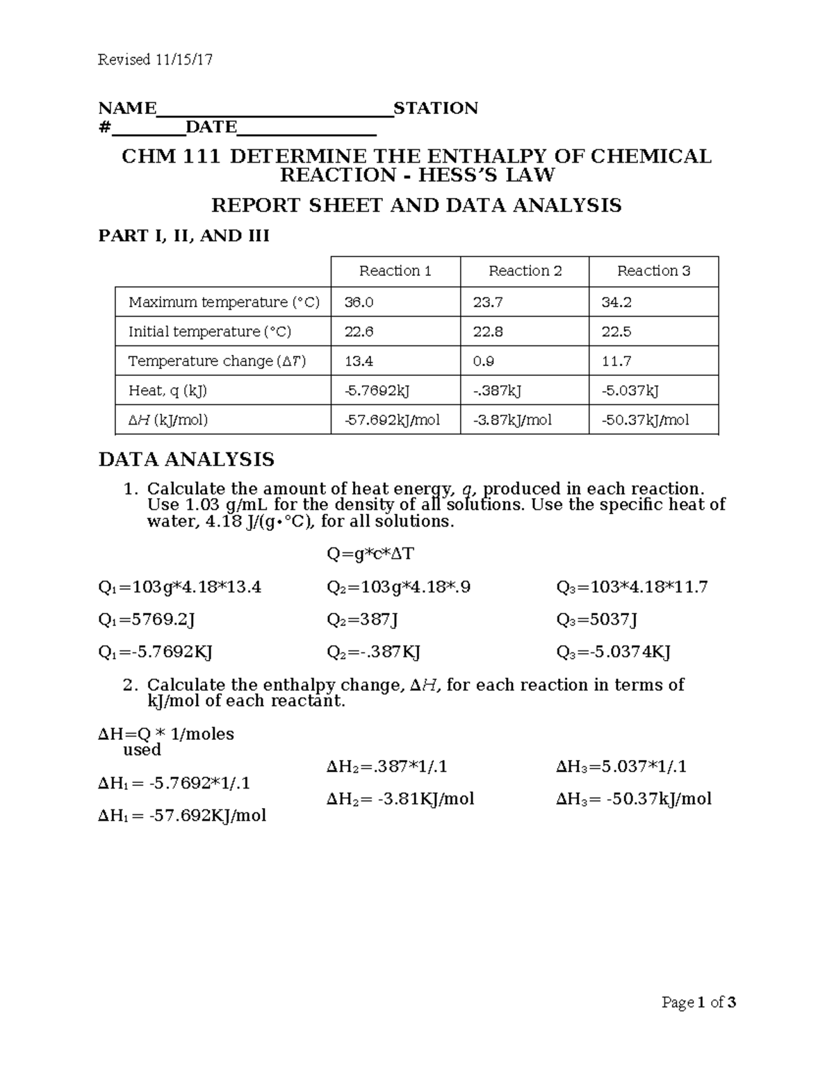 Report Sheet and Data Analysis - CHM 111 Determine the Enthalpy of ...