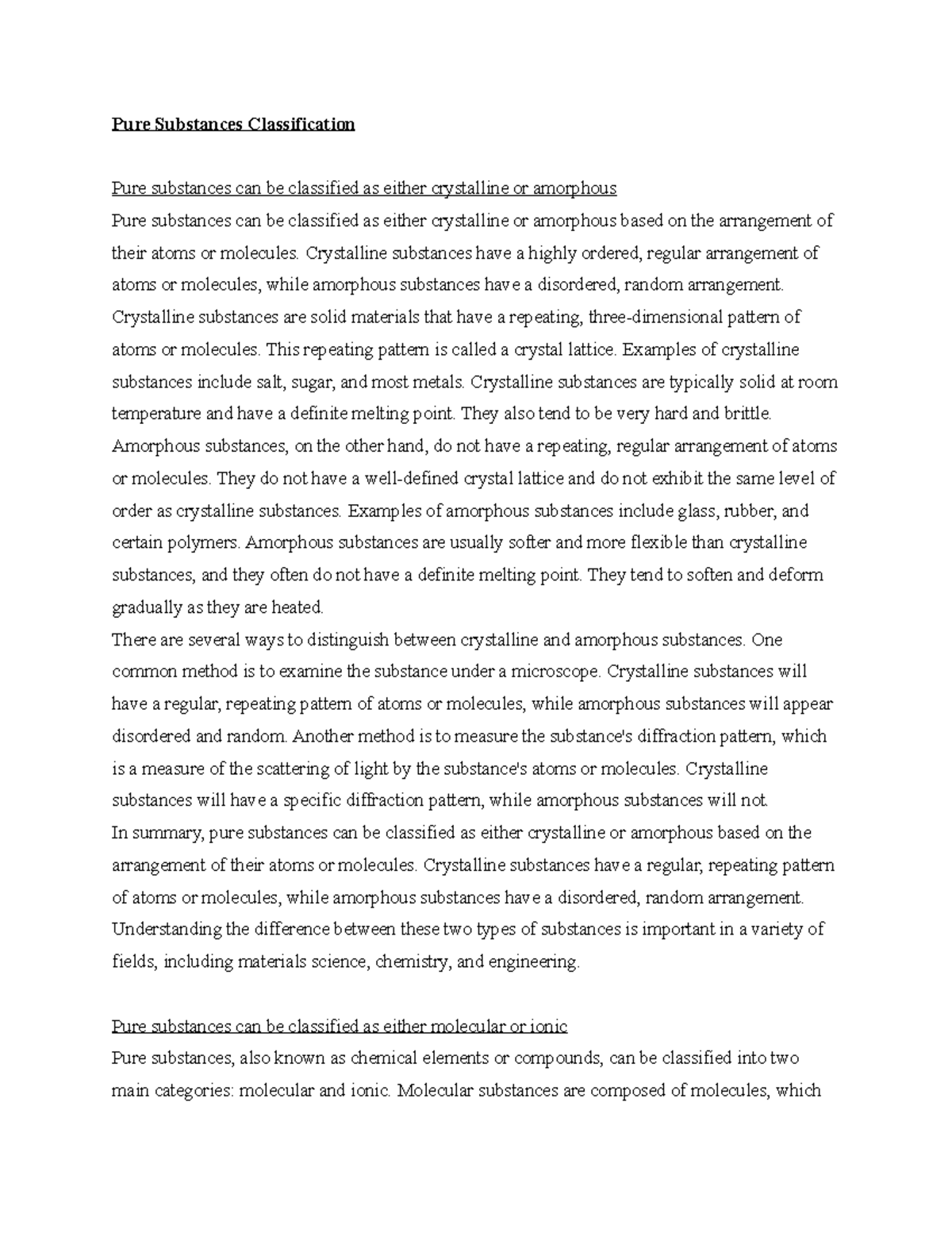 Pure Substances Classification - Crystalline substances have a highly ...