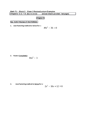 Chapter 1 and 2 Review - MATH 71 – Problems to Review from Exam 2 and ...