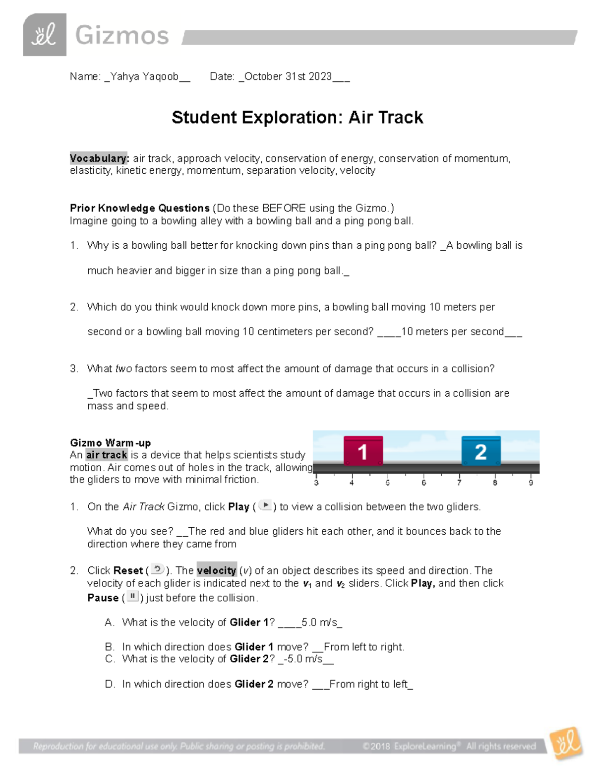 Air Track SE.docx - gizmos lab - Name: Yahya Yaqoob_ Date: October 31st ...