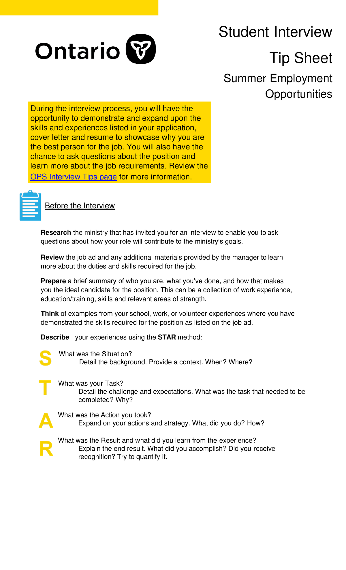 ON00389 E - resume template - Student Interview Tip Sheet Summer ...