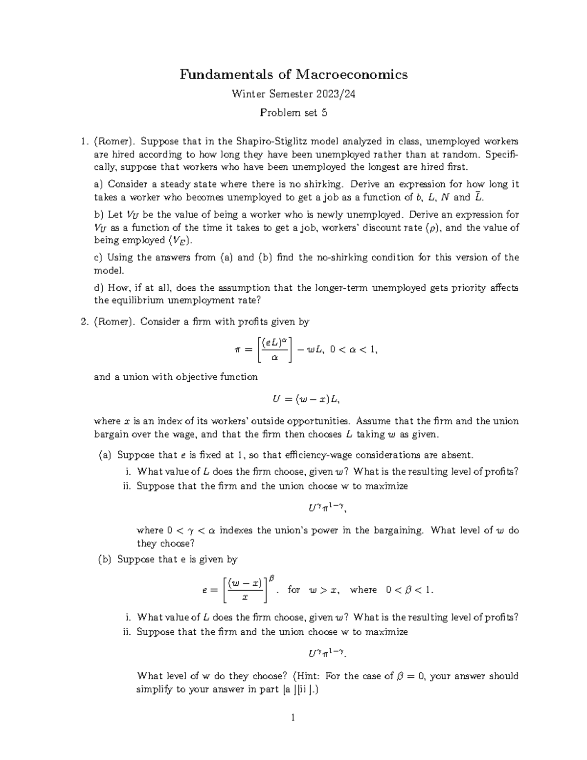Shapiro-Stiglitz-Model, Efficiency Wage, Unemployment & Exercise in ...