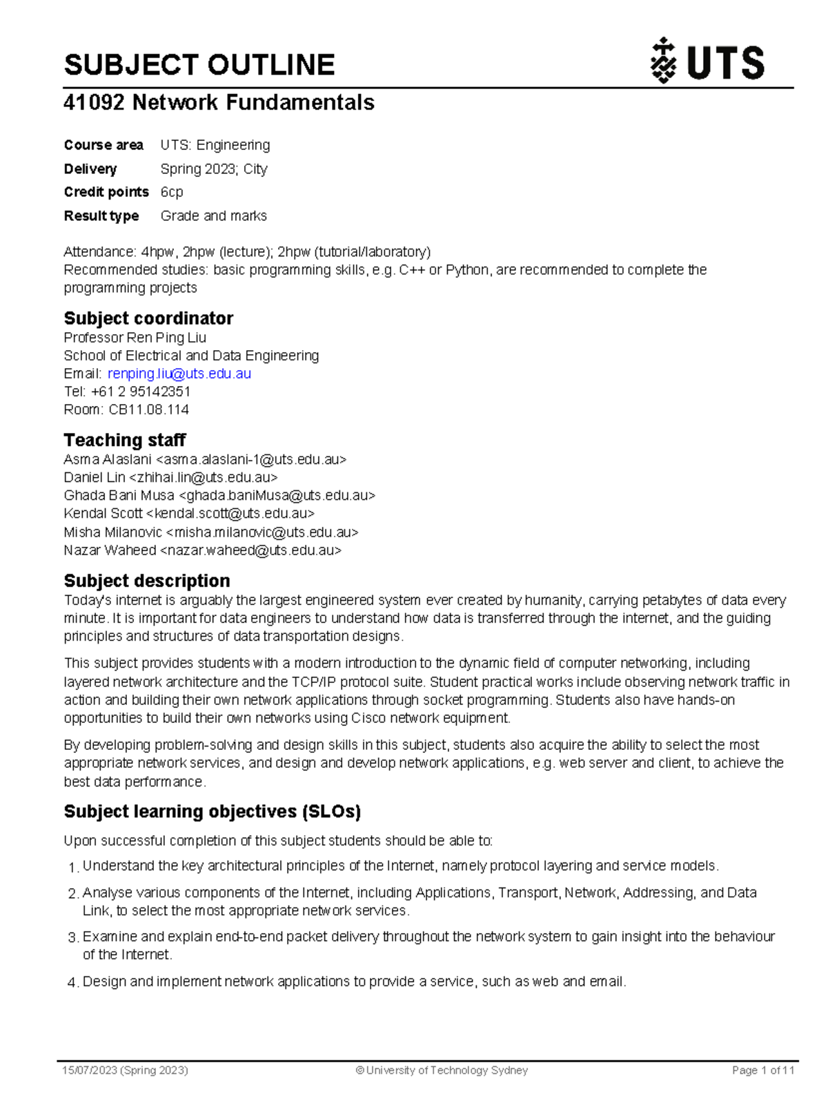 Subject Outline S2023 - SUBJECT OUTLINE 41092 Network Fundamentals ...