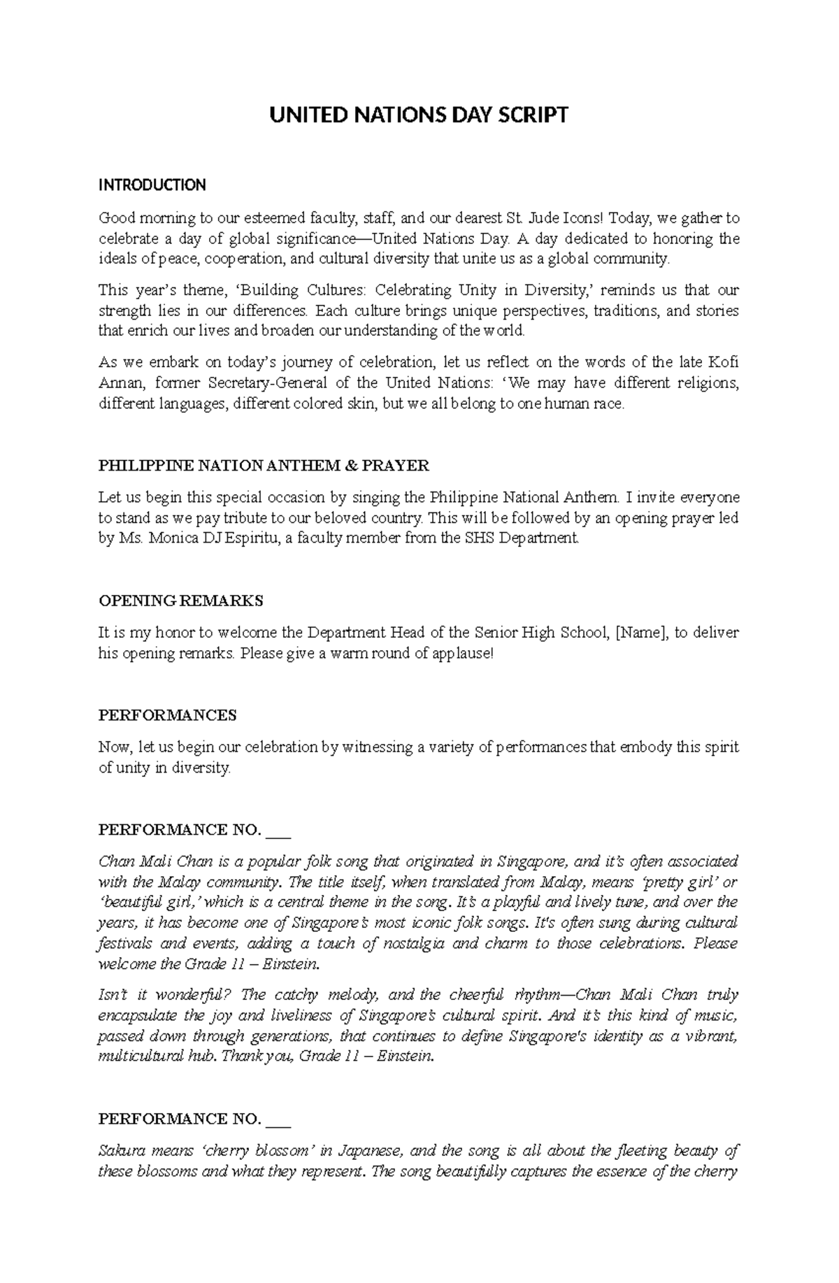 United Nations DAY Script - UNITED NATIONS DAY SCRIPT INTRODUCTION Good ...