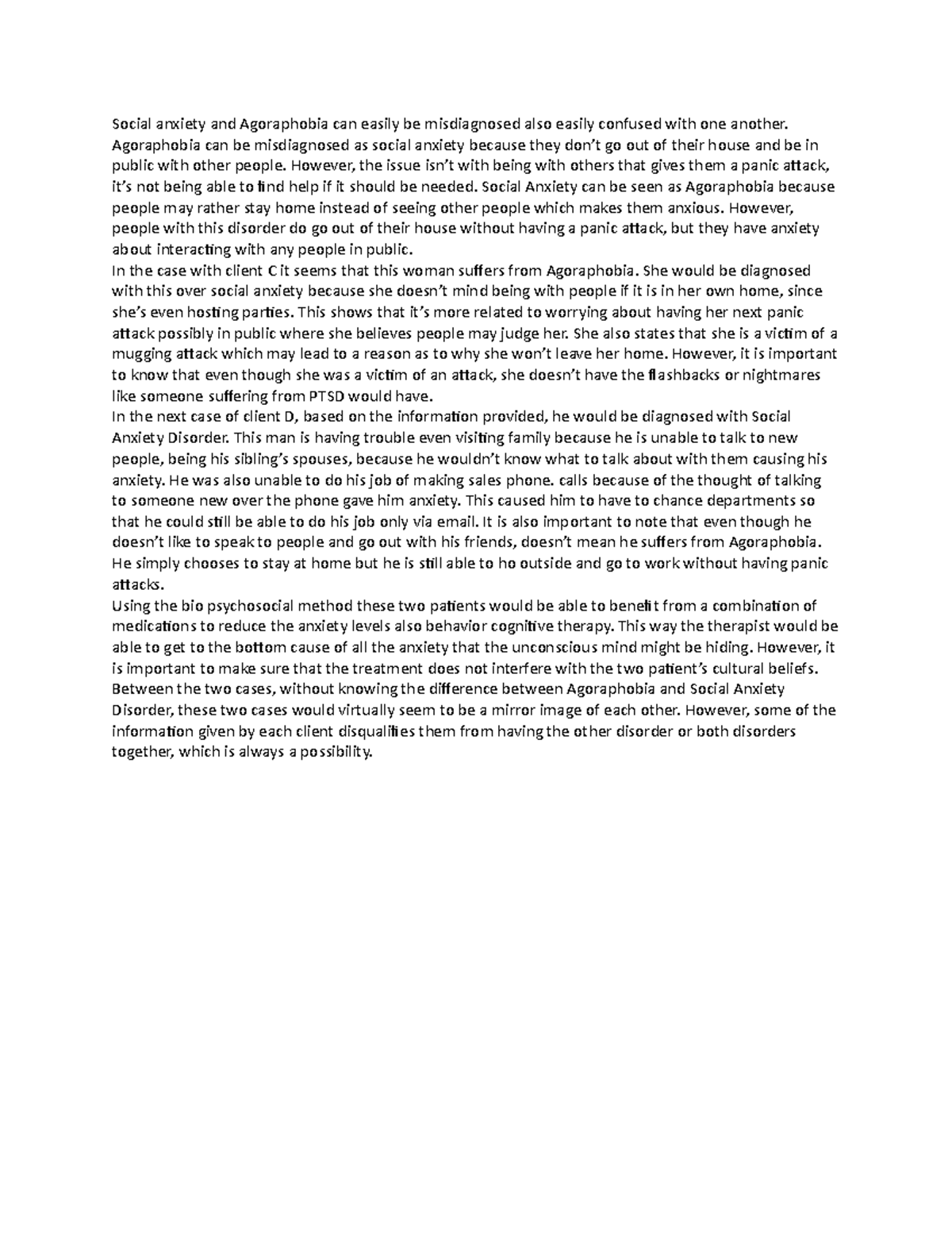 Case study #2 - PYSC120 - hiinn - Social anxiety and Agoraphobia can ...
