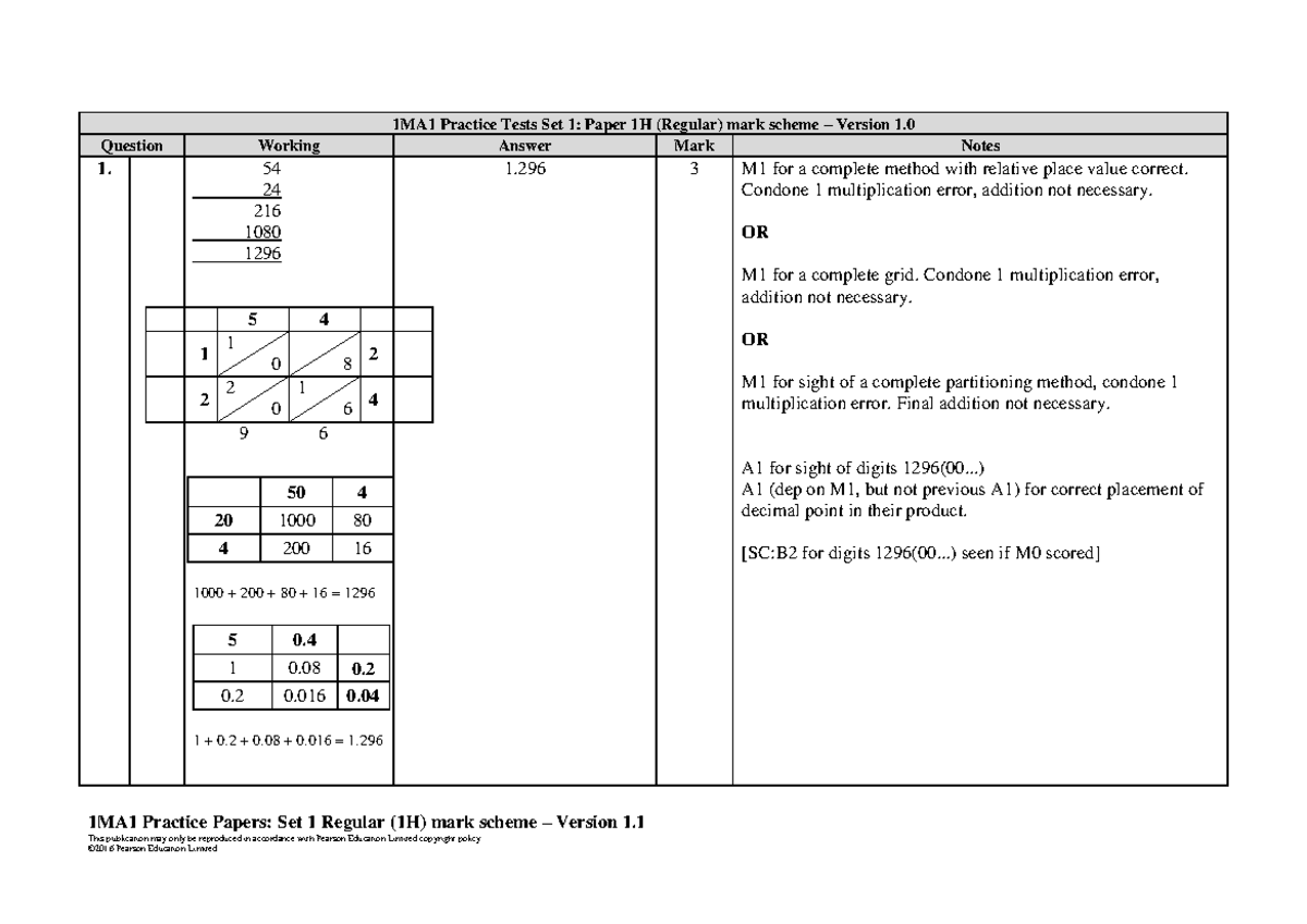 04b Practice test set 1 Paper 1H mark scheme - 1MA1 Practice Papers ...
