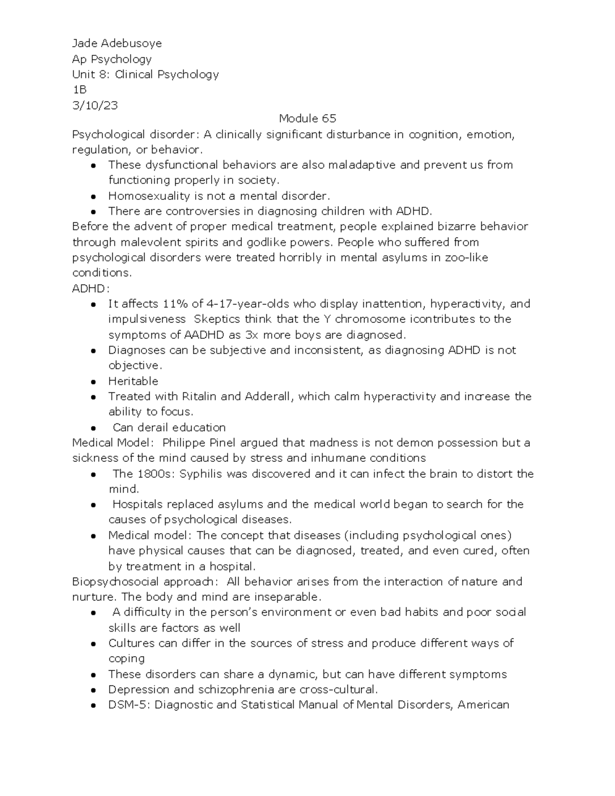 Module 65 - Myers - Jade Adebusoye Ap Psychology Unit 8: Clinical ...