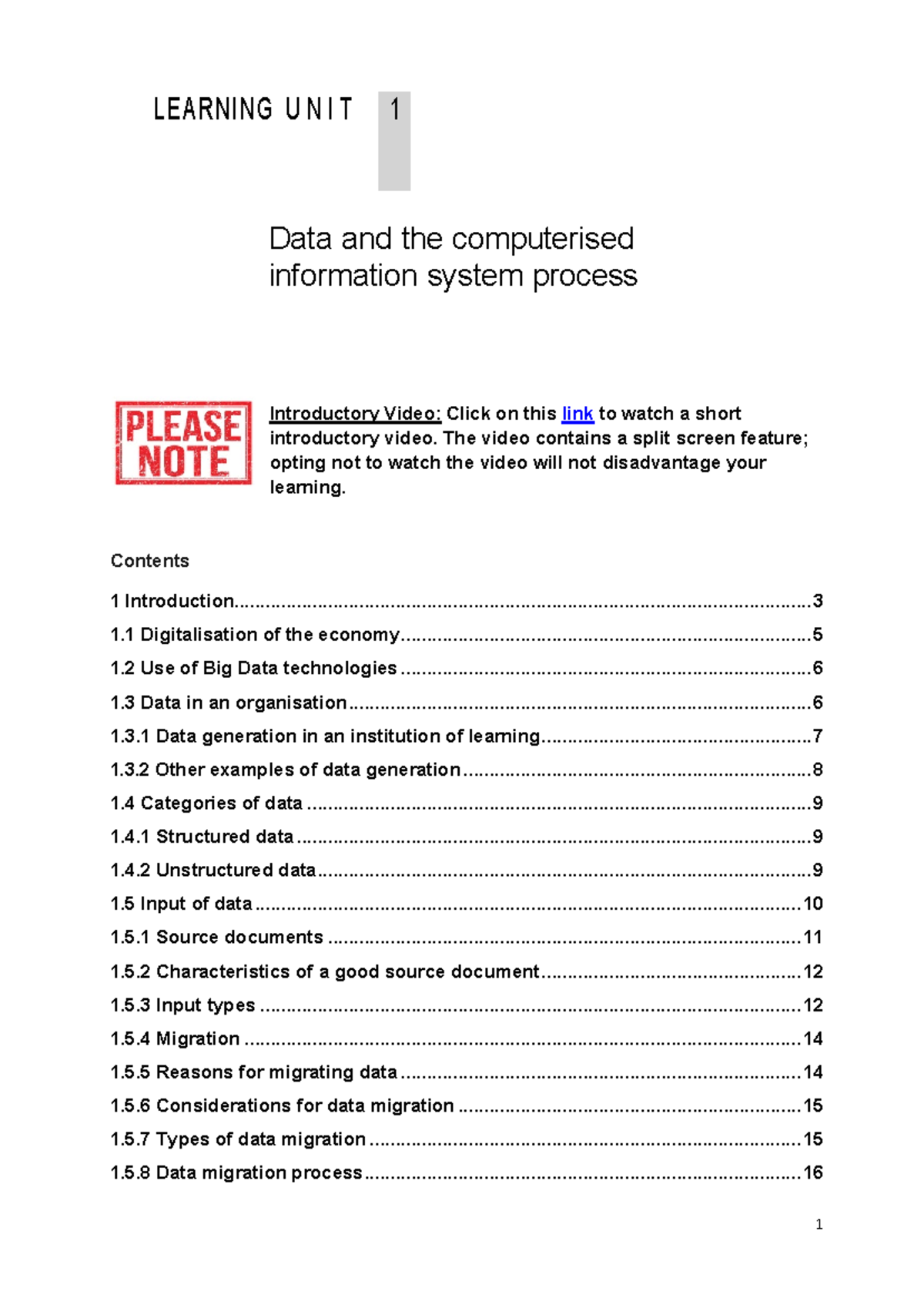 Learning Unit 1 - Data and the computerised information system - Left ...