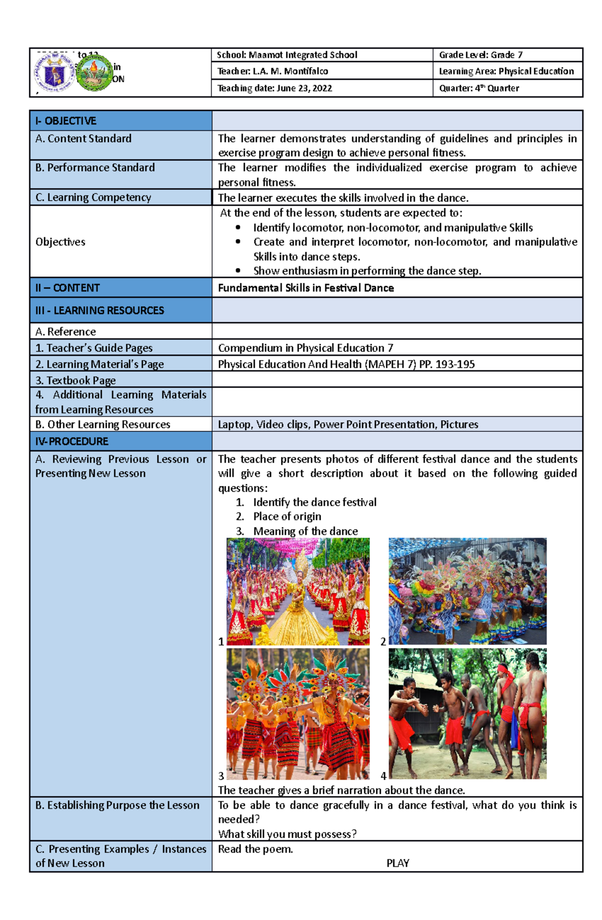 DEMO- Locomotor - Physical education - GRADES 1 to 12 DAILY LESSON LOG ...