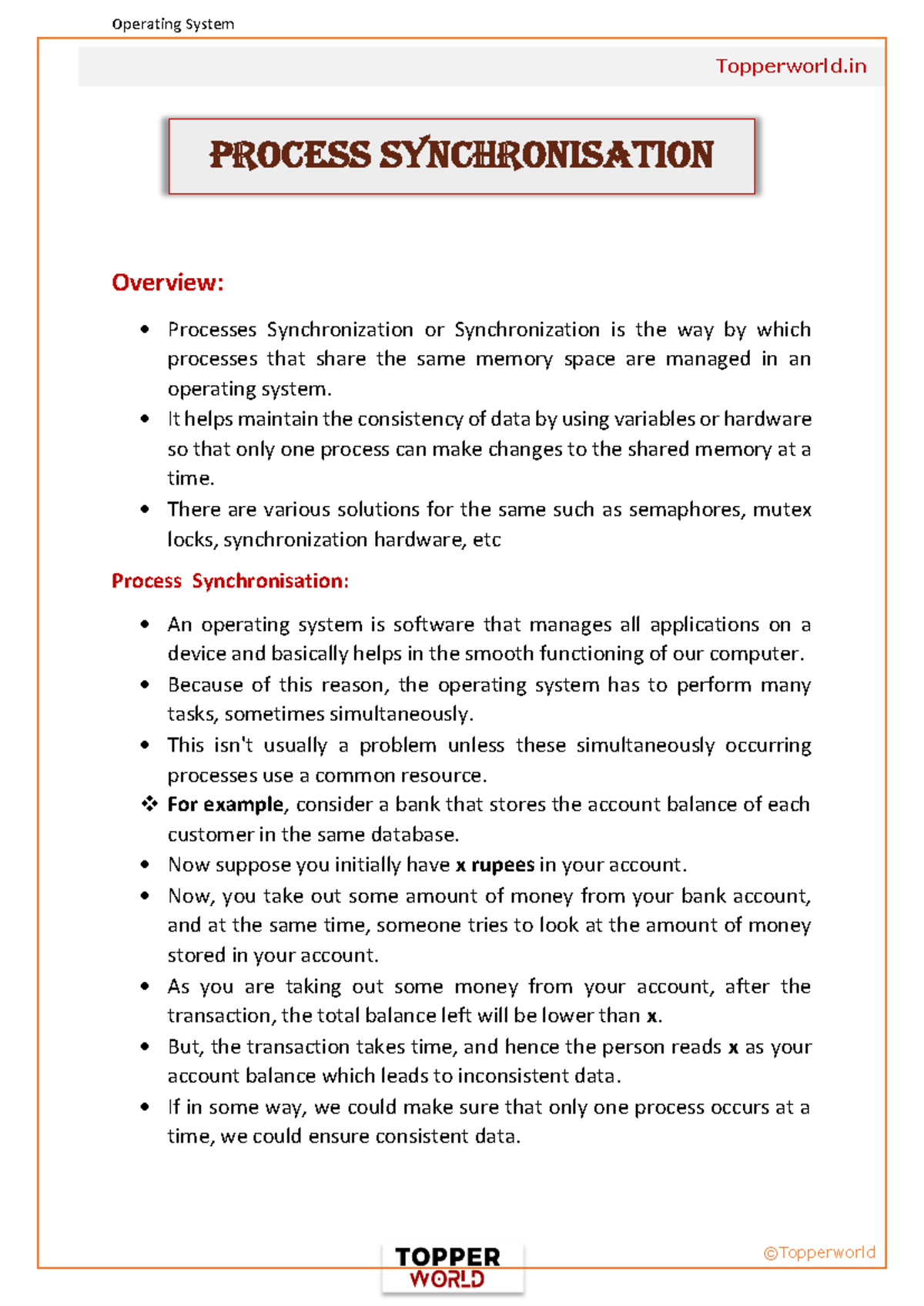 OS-Process-Synchronisation - Topperworld Overview: • Processes Synchronization or ...