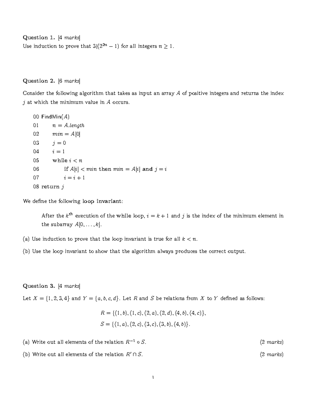 Exam 3 August 2017, questions - Question 1. [4 marks] Use induction to ...
