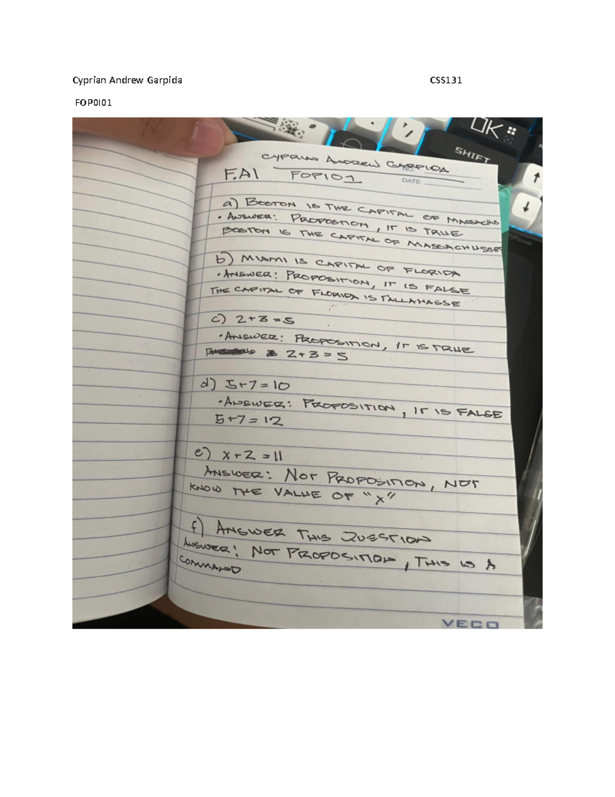 FA1 - Assignment number 1 - SHIFT cypaus ADDREW GARPIOA NO: F. FOP101 ...