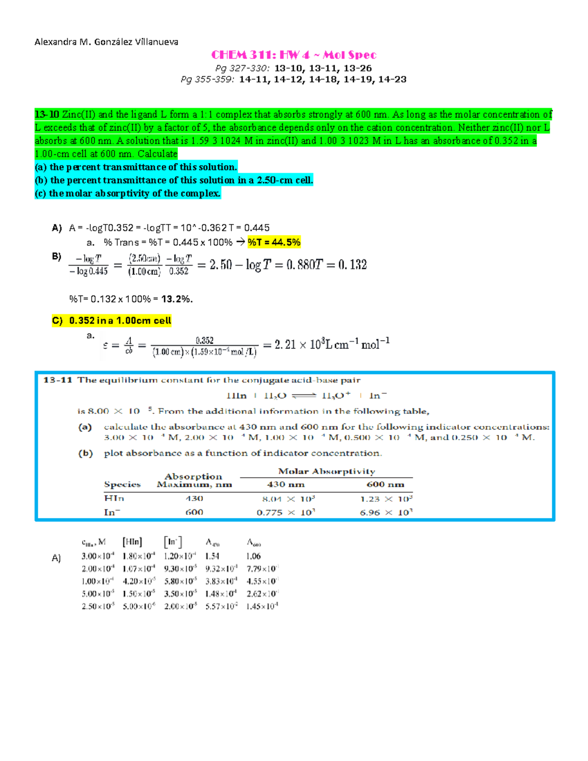 HW 4 - Mol Spec - HW Mol Spectro - Alexandra M. González Villanueva CHEM 311: HW 4 ~ Mol Spec Pg ...