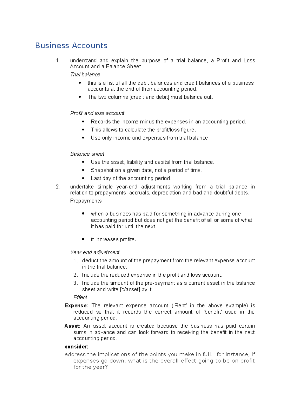 Business Accounts - SUMMARY - Business Accounts understand and explain ...