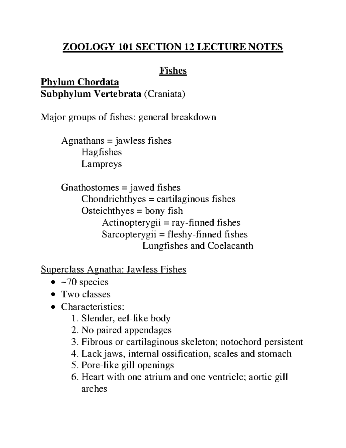 Zoology 101 Section 12 Lecture Notes Fishes - ZOOLOGY 101 SECTION 12 ...