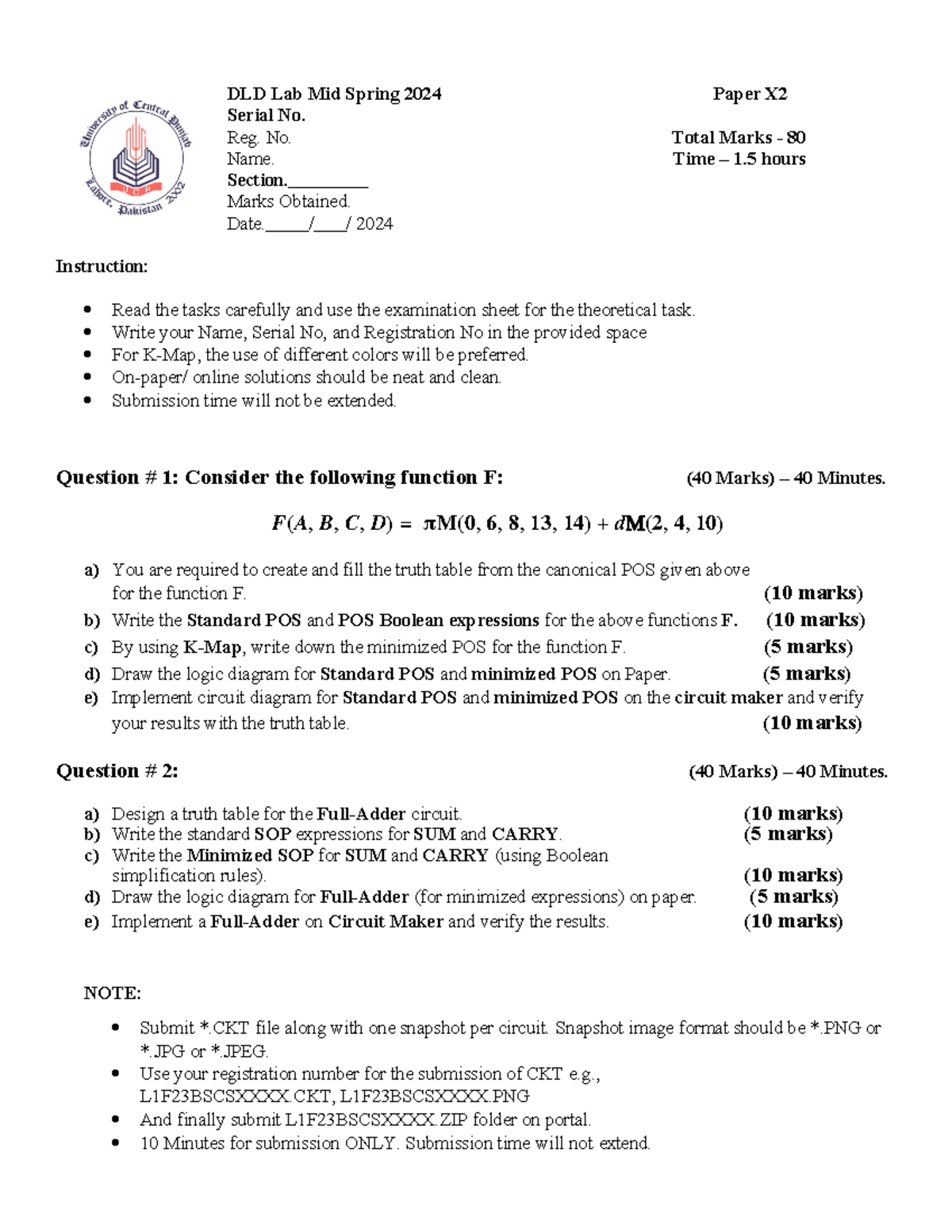 MID EXAM (X2) - DLD LAB MID - DLD Lab Mid Spring 2024 Paper X Serial No. Reg. No. Total Marks ...