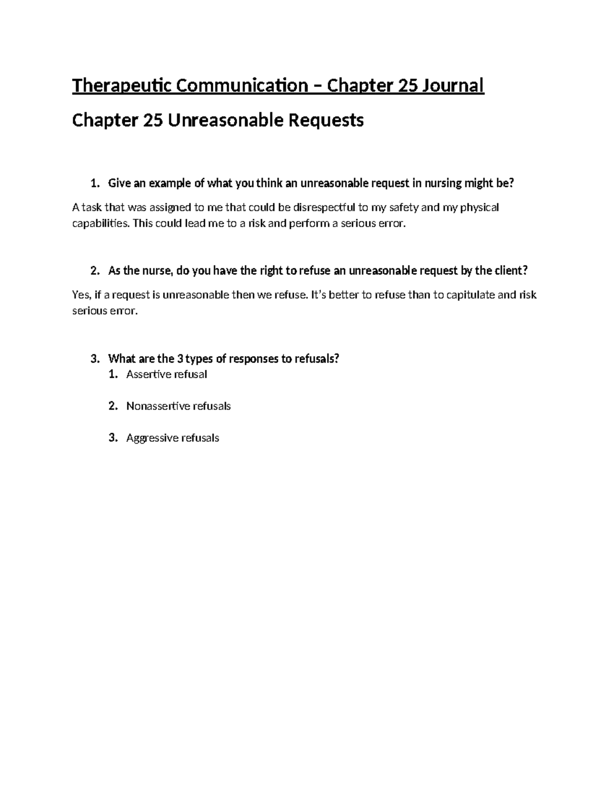 Chapter 25 Journal #5 - Therapeutic Communication – Chapter 25 Journal ...