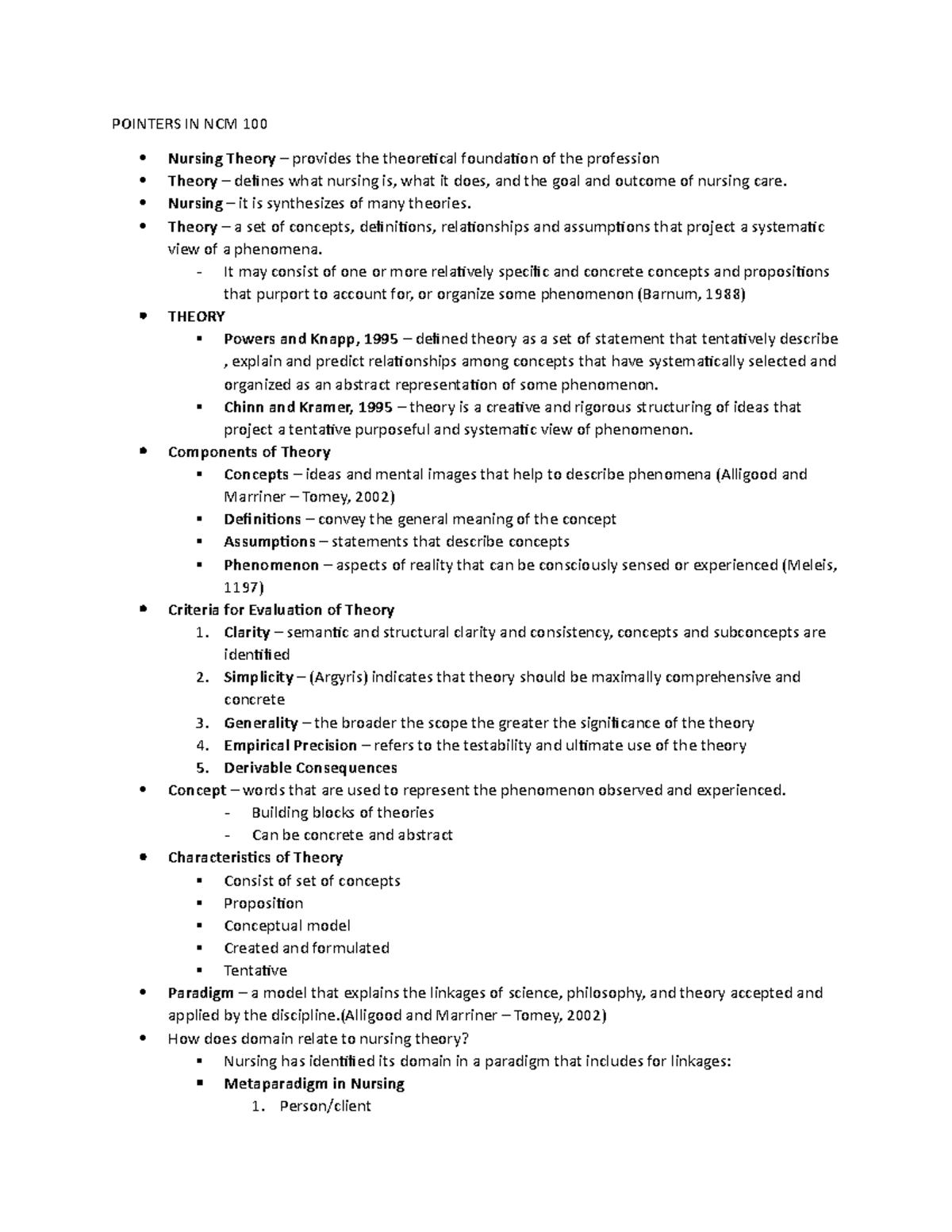 Pointers IN NCM 100 - Reviewer for ncm100 - POINTERS IN NCM 100 Nursing Theory – provides the ...