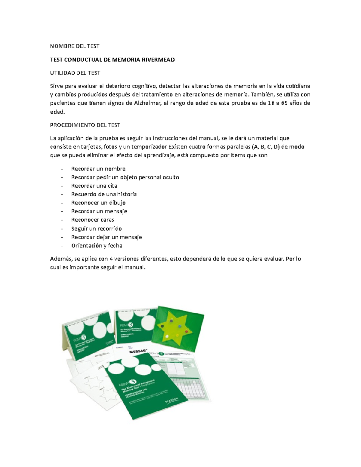 Neuro - TEST - NOMBRE DEL TEST TEST CONDUCTUAL DE MEMORIA RIVERMEAD ...