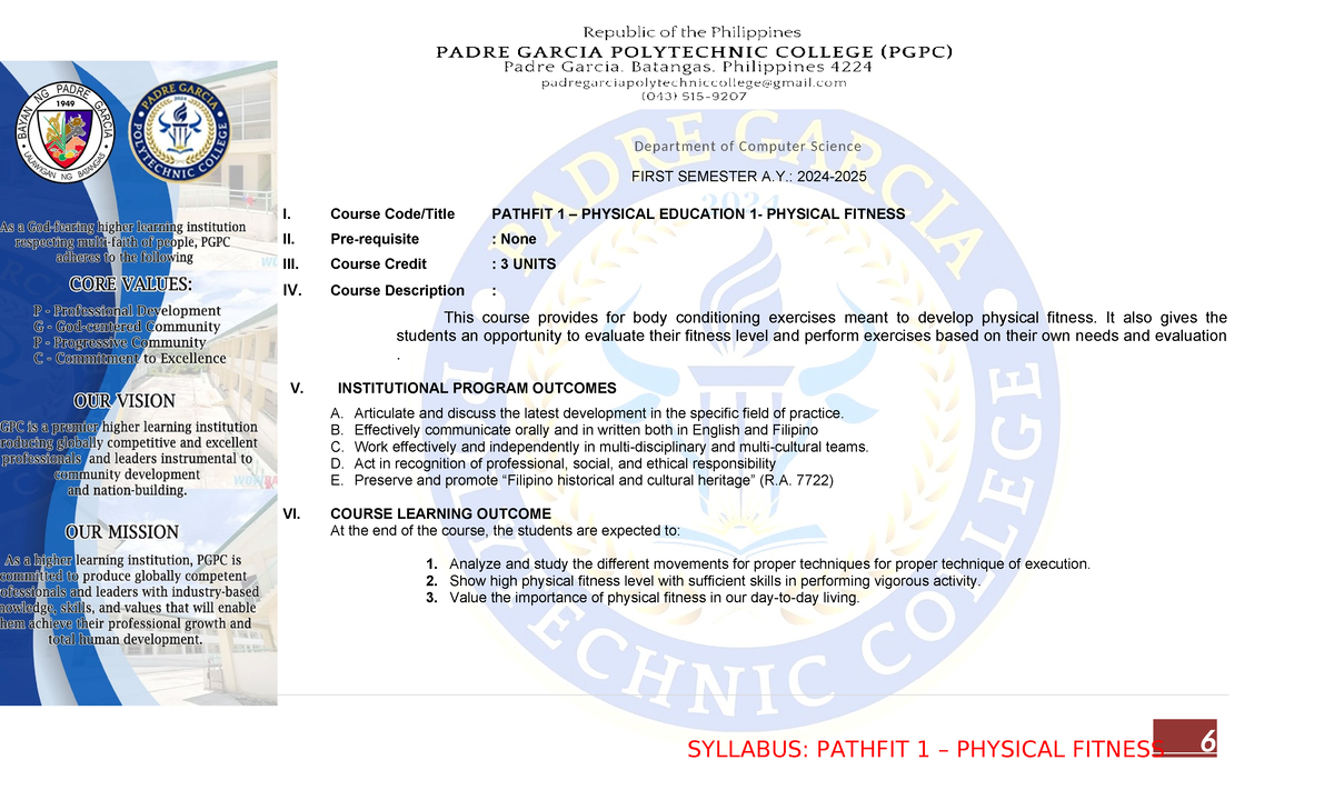 Pathfit 1 - 6 Department of Computer Science FIRST SEMESTER A.: 2024- I ...