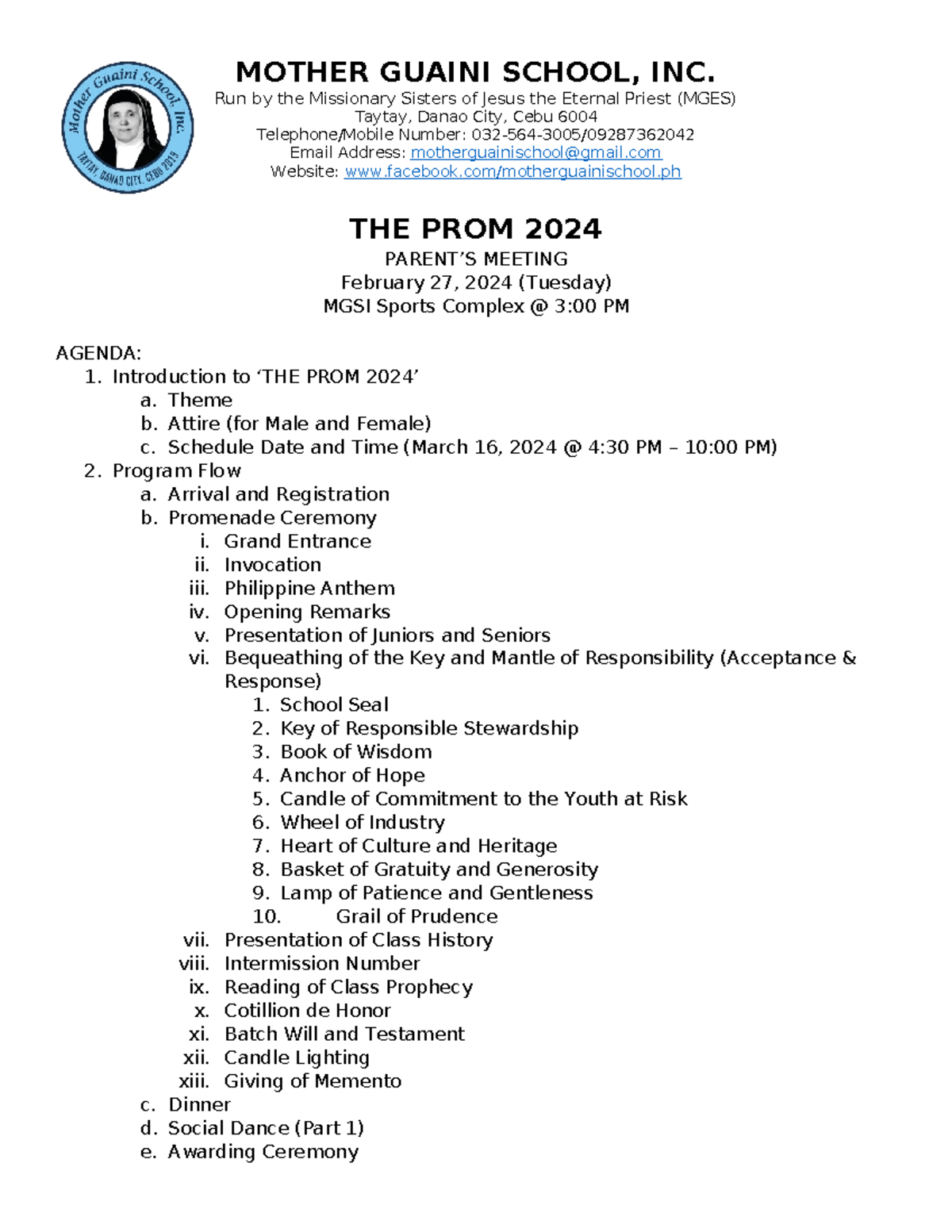 PROM Agenda - MOTHER GUAINI SCHOOL, INC. Run by the Missionary Sisters ...