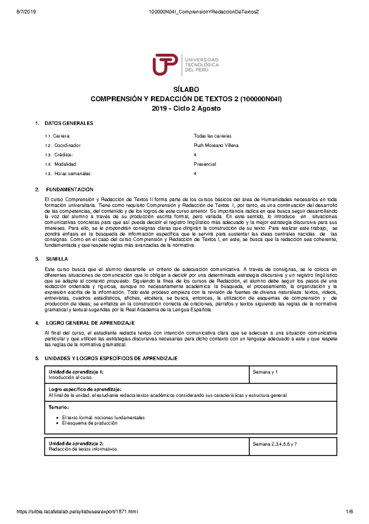 100000 N04I Comprension YRedaccion De Textos 2 - SÍLABO COMPRENSIÓN Y REDACCIÓN DE TEXTOS 2 ...