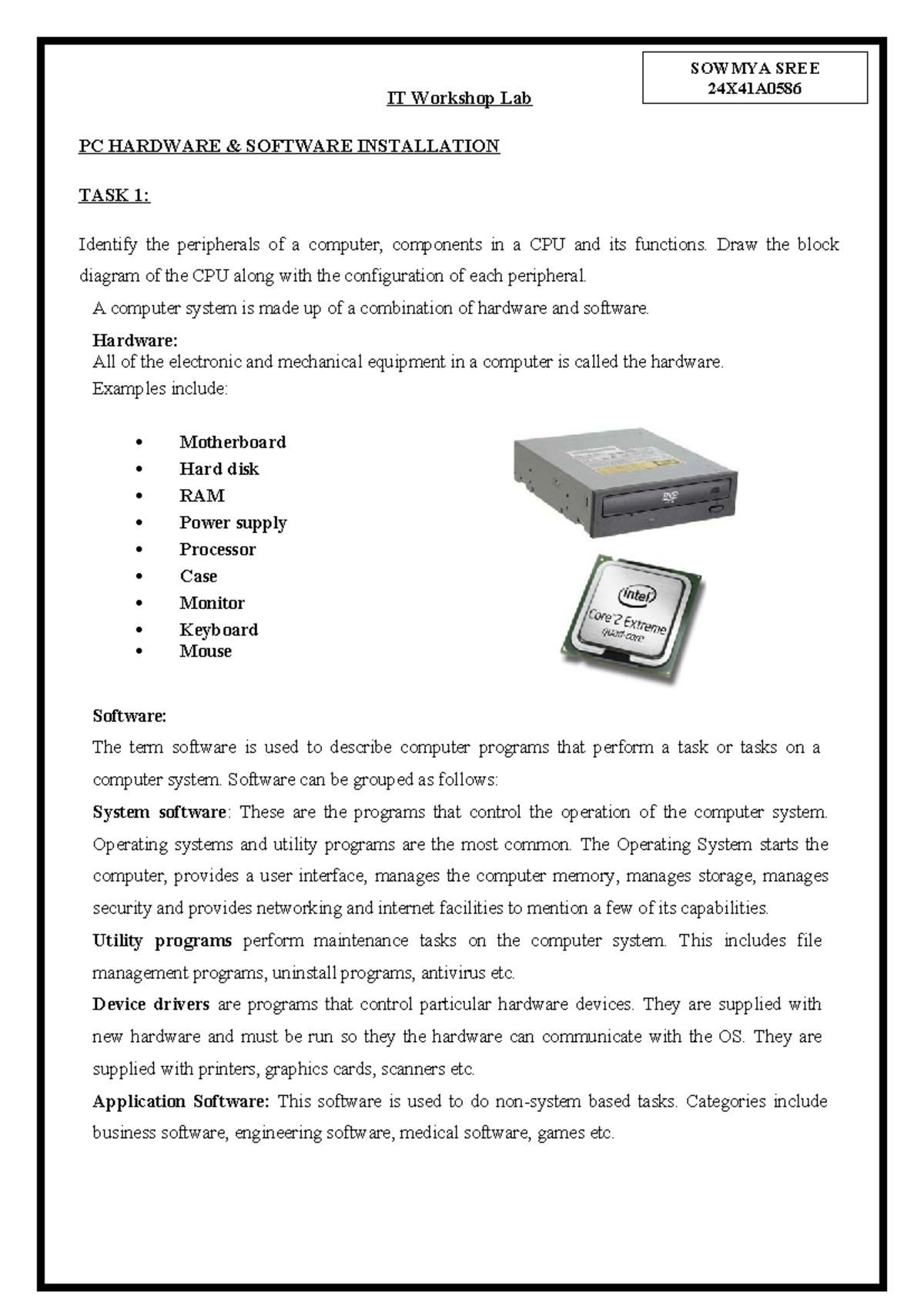 it workshop Task1-3 - IT Workshop Lab PC HARDWARE & SOFTWARE ...